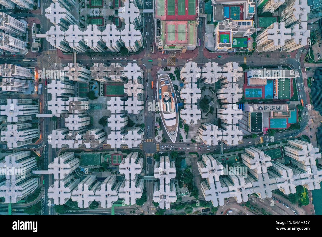 Aerial view of the Whampoa, a mall that looks like a boat, Kowloon City ...
