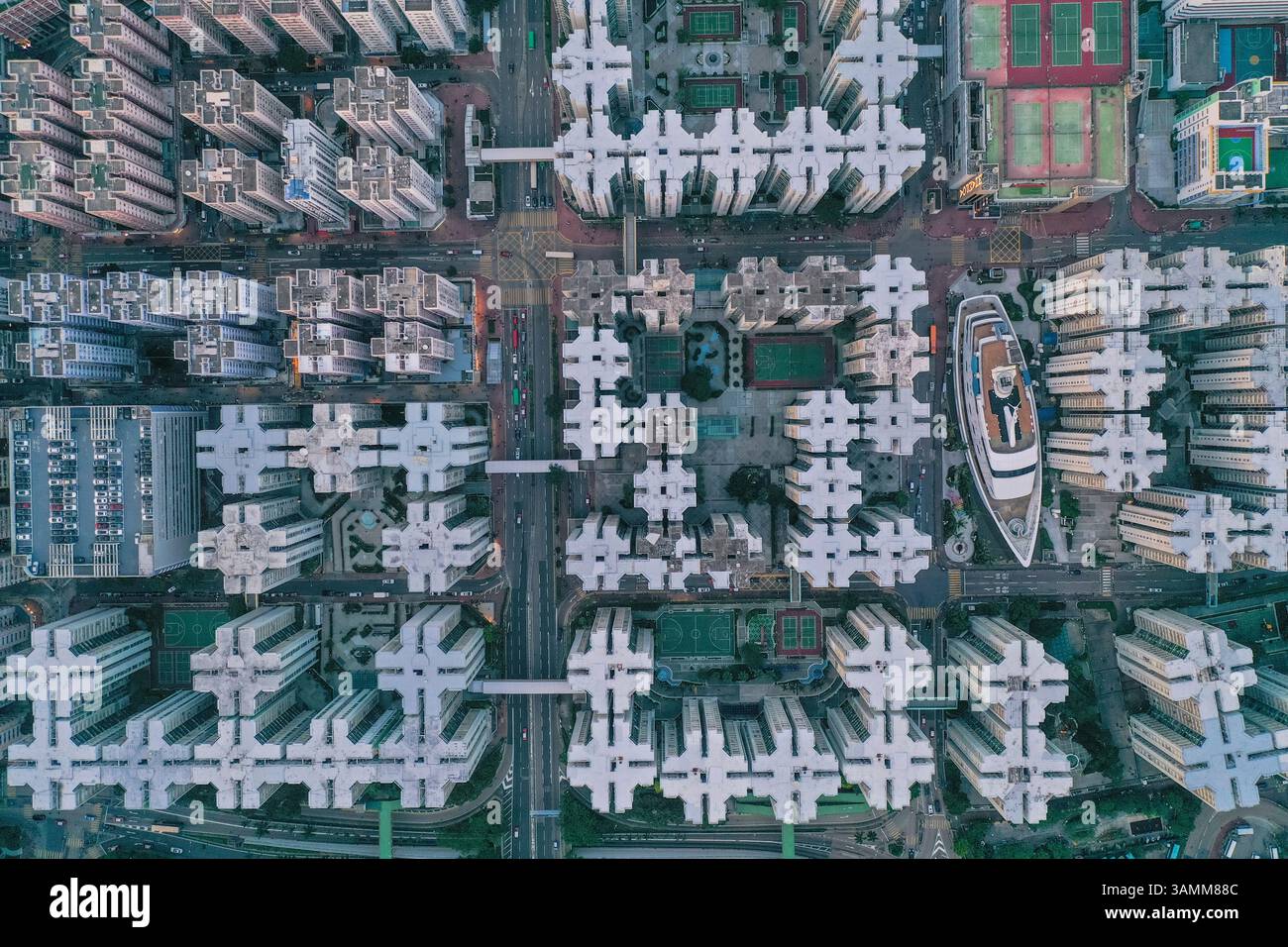 Aerial view of the Whampoa, a mall that looks like a boat, Kowloon City ...