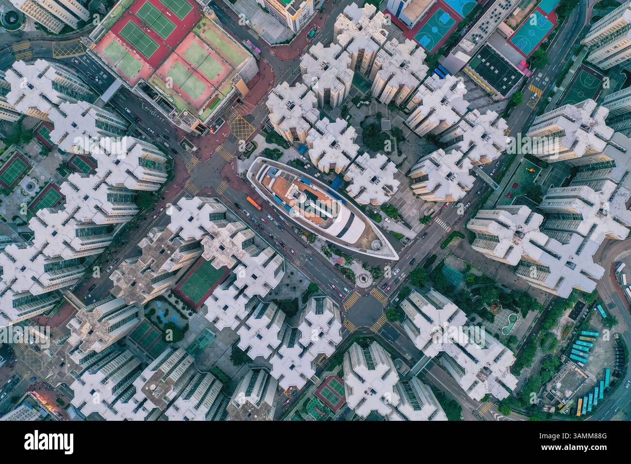 Aerial view of the Whampoa, a mall that looks like a boat, Kowloon City ...