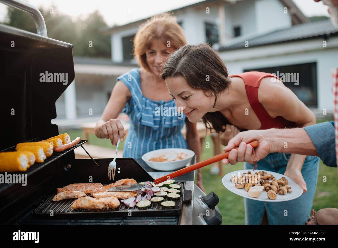 Family preparing food for a spring weekend barbecue Stock Photo - Alamy