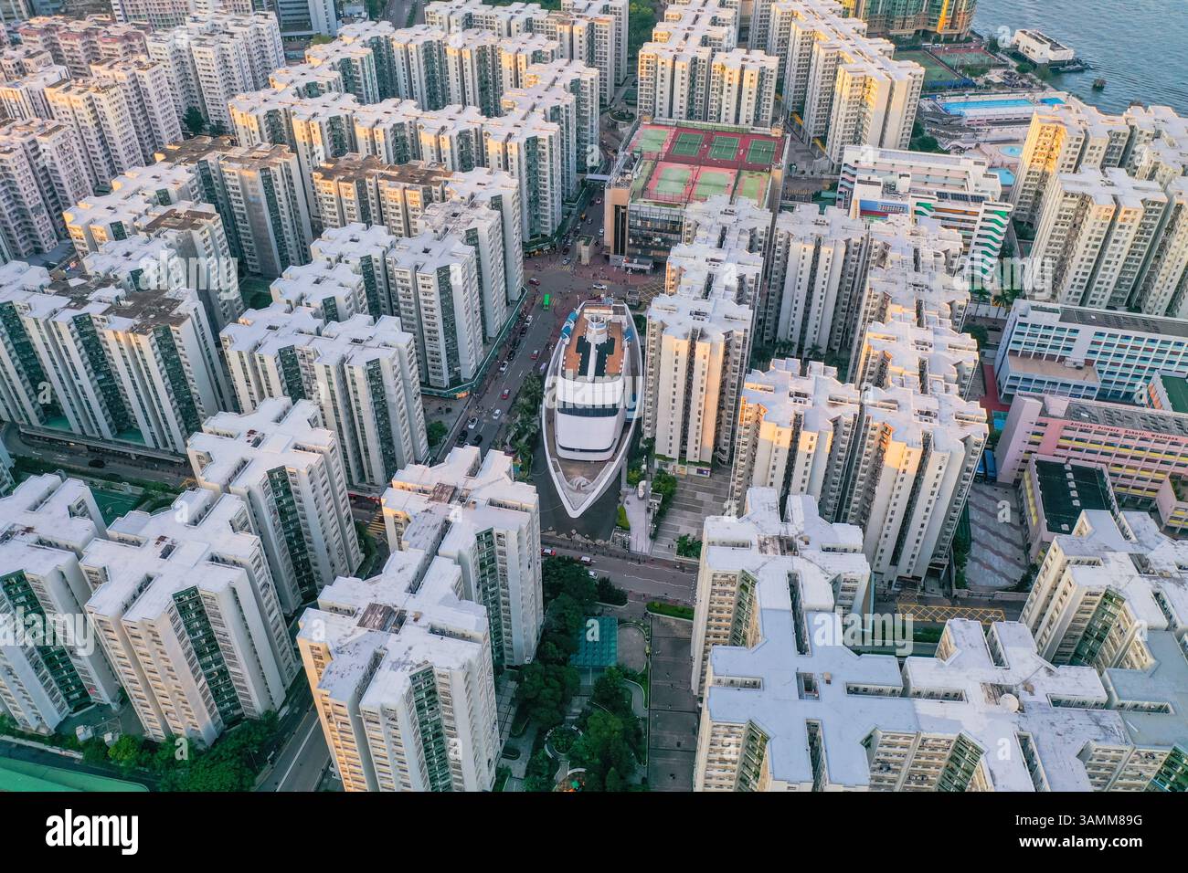 Aerial view of the Whampoa, a mall that looks like a boat, Kowloon City ...
