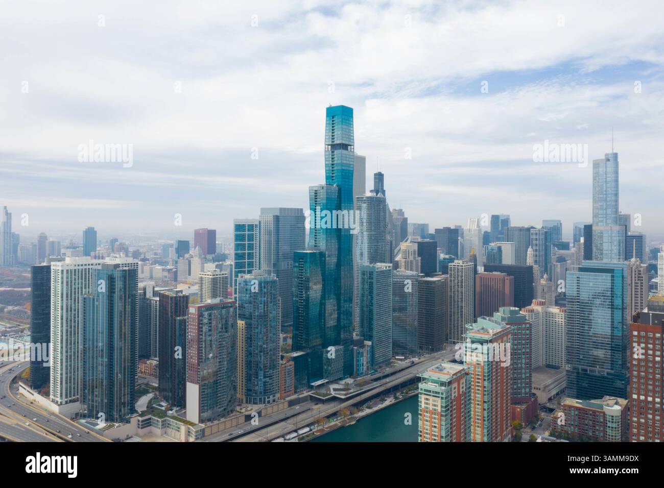 Aerial view of Chicago skyline with skyscrapers along the river, United ...