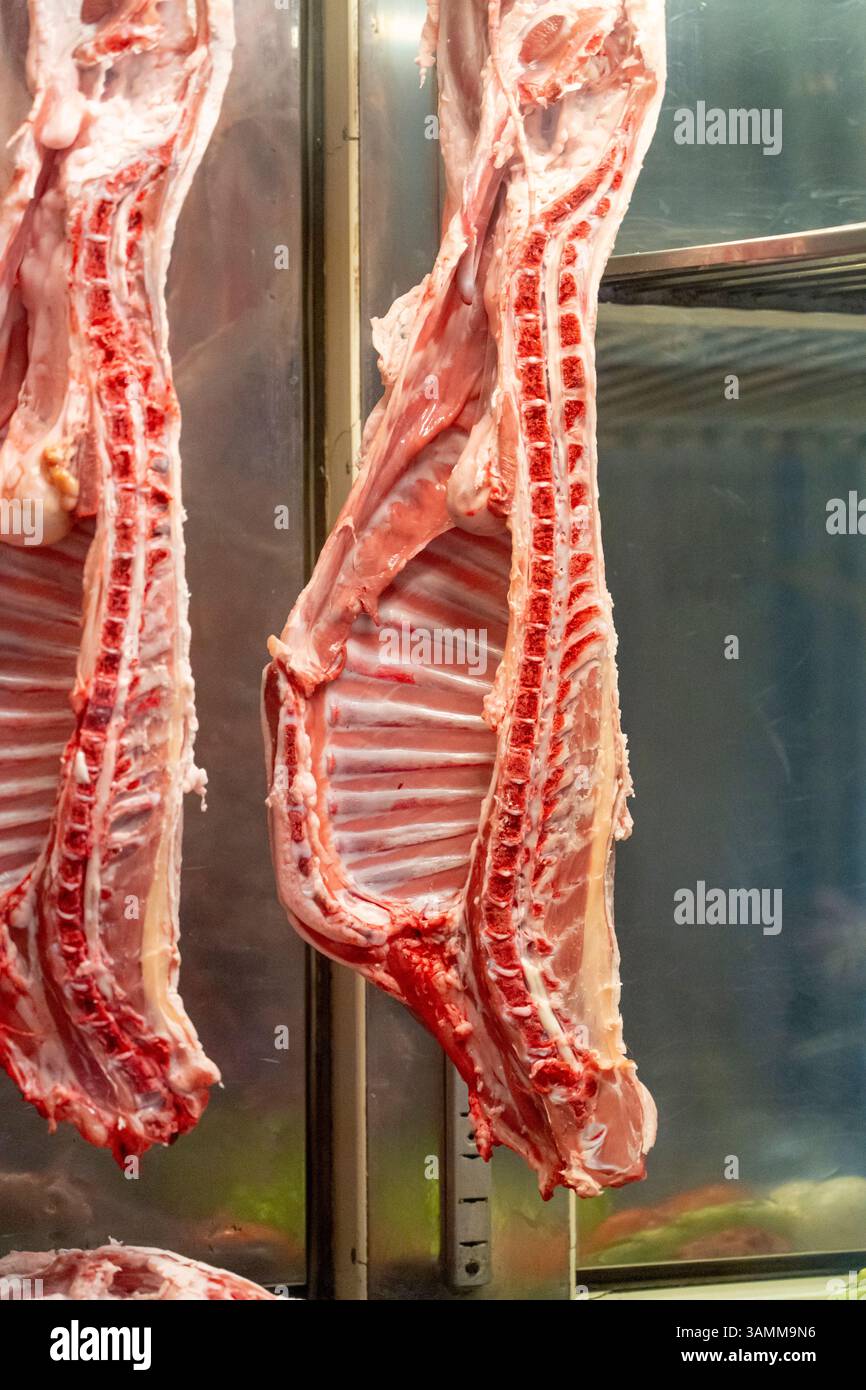 Inside a La Rioja Butcher Shop with Hanging Meats Display Stock Photo ...