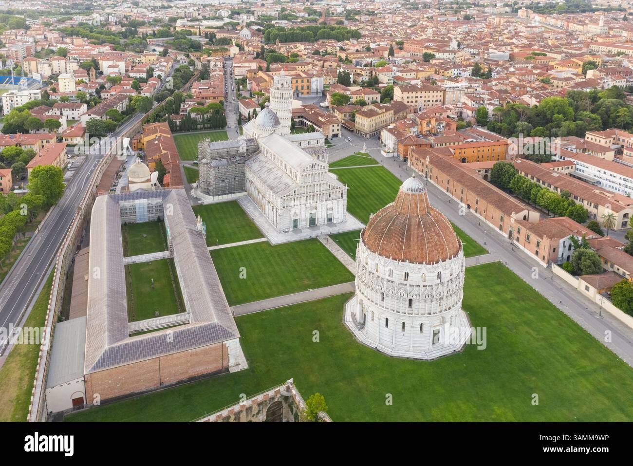 Aerial view of leaning tower of Pisa at sunrise in Italy Stock Photo ...