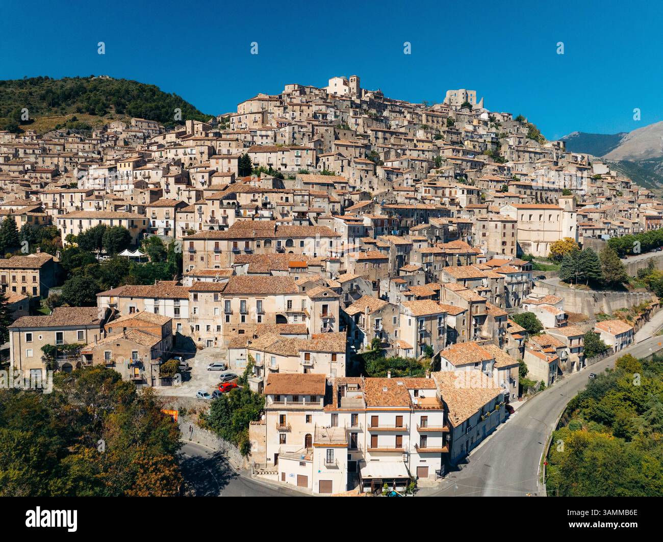 Aerial view of picturesque medieval town with stone buildings and ...