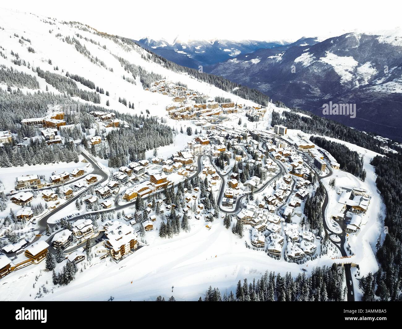 Aerial view of chalets in les trois vallées during winter, France Stock ...