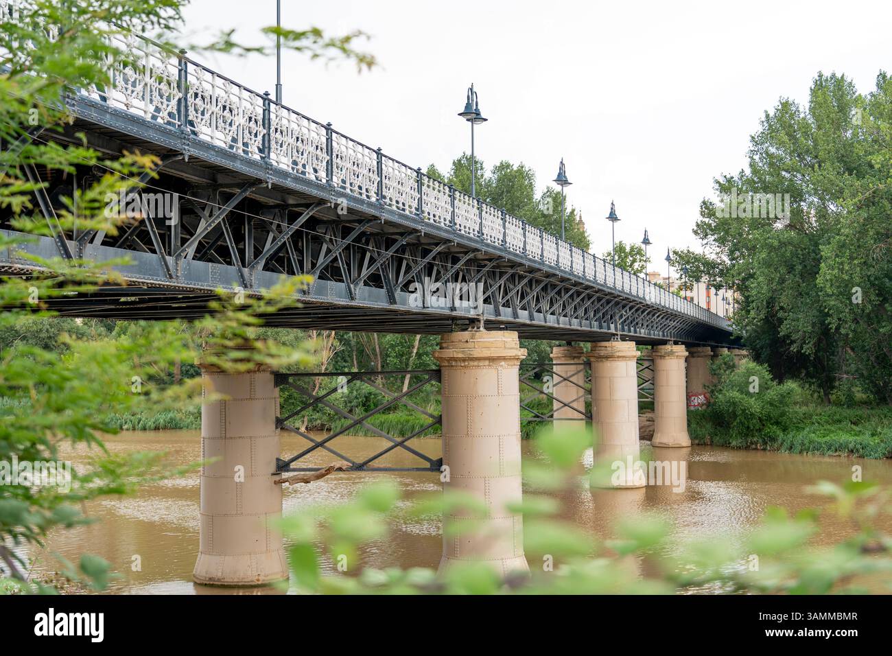 Beautiful Iron Bridge Spanning Ebro River Amidst Nature in Logroño ...