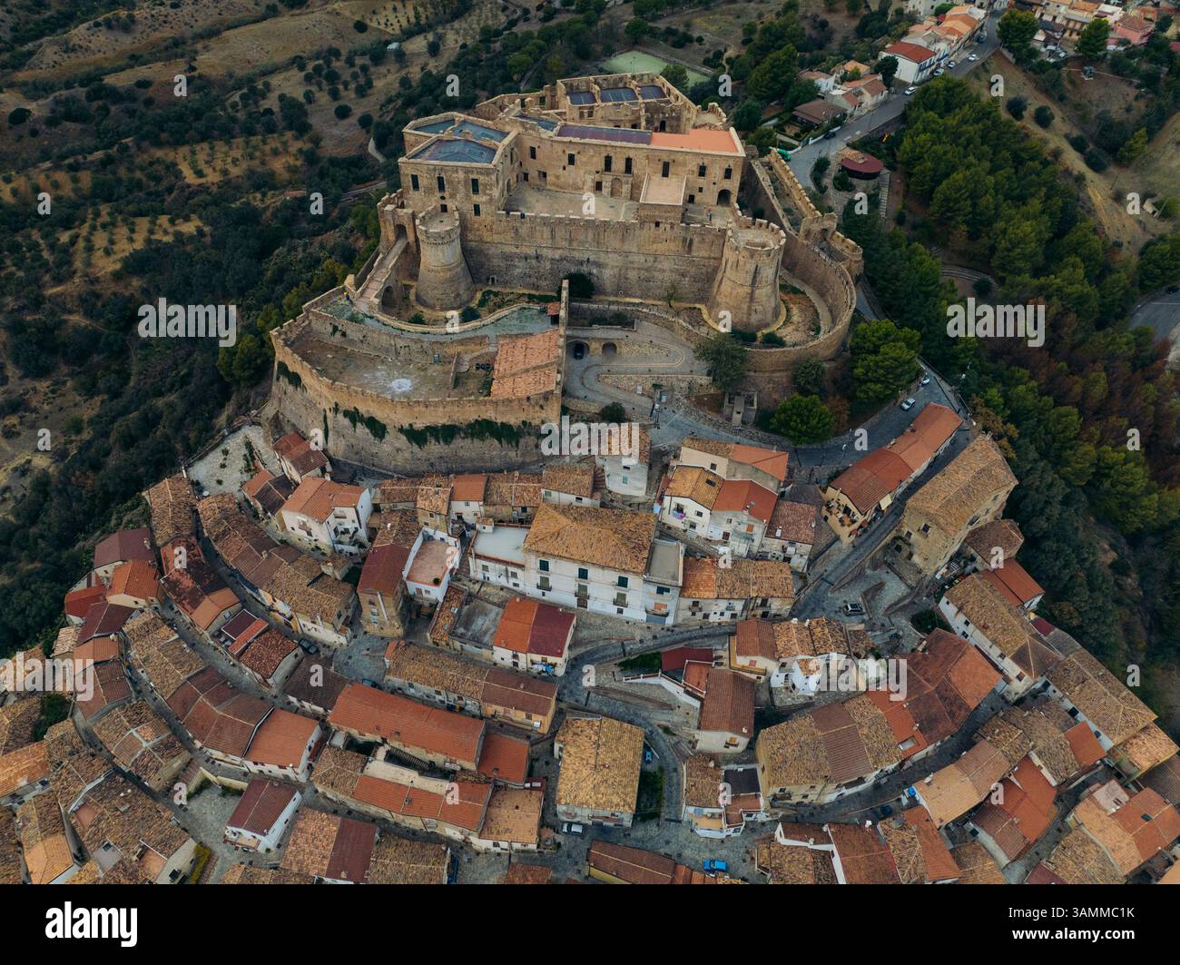 Aerial view of medieval castle and picturesque old town with stone ...