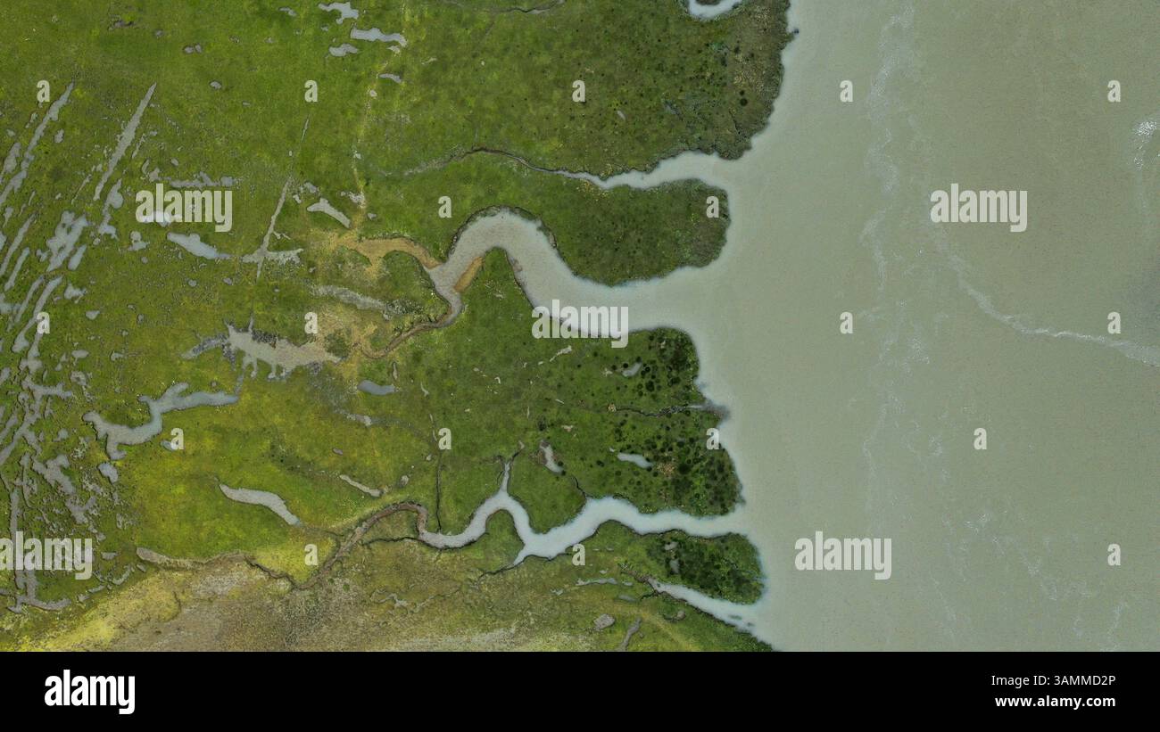 Aerial view of green riverbed of the river Ogmore near Ogmore-by-Sea ...