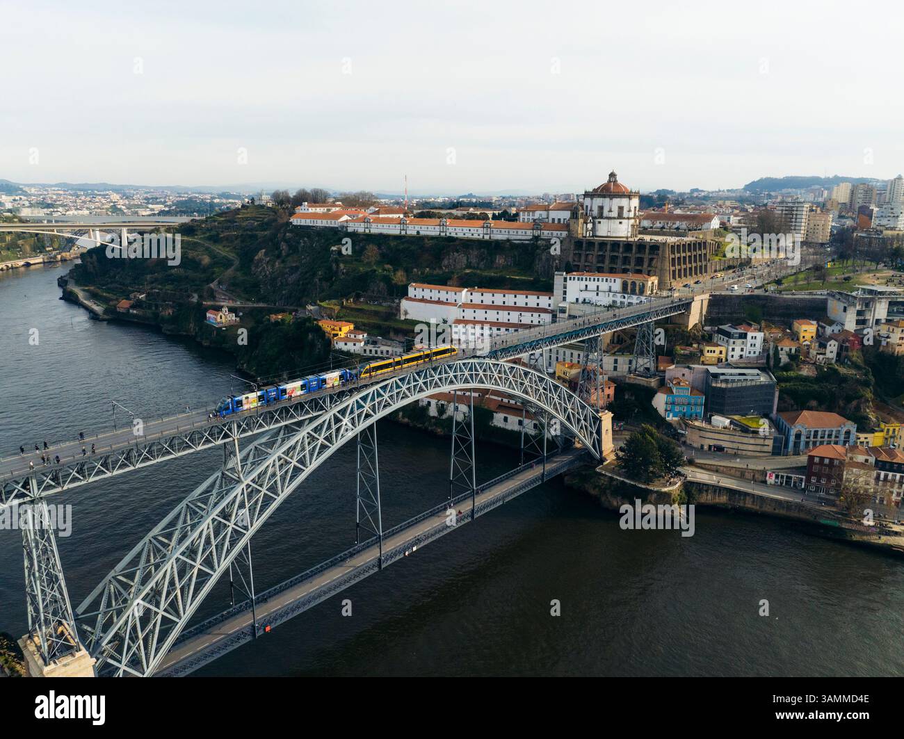 Aerial view of the scenic Douro River and the historic Dona Maria Pia ...
