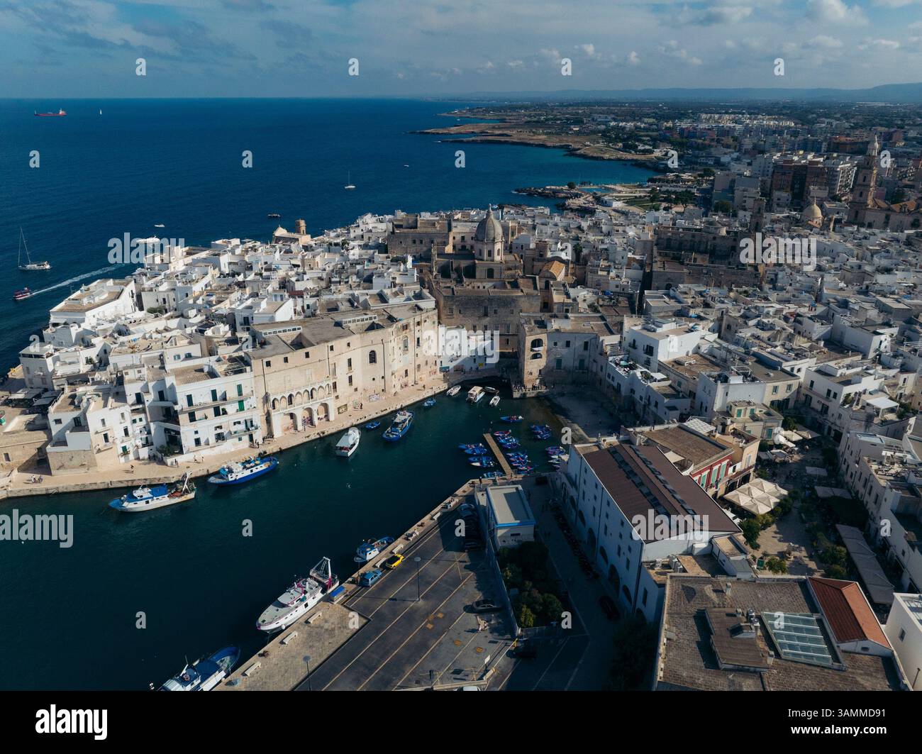 Aerial view of the beautiful coastal town of Monopoli with historic ...