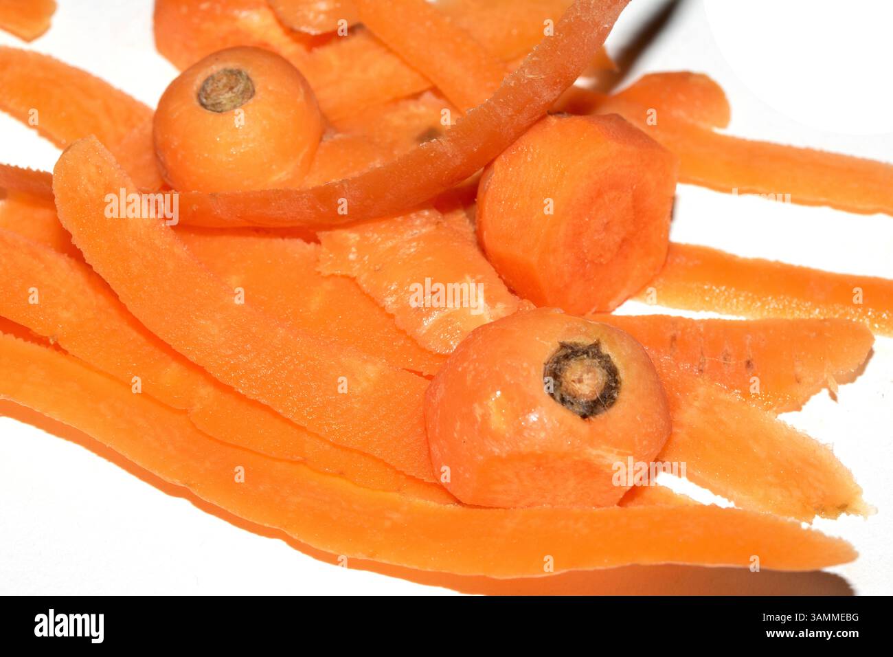 Close up of carrot scrap peelings food waste for compost on white ...