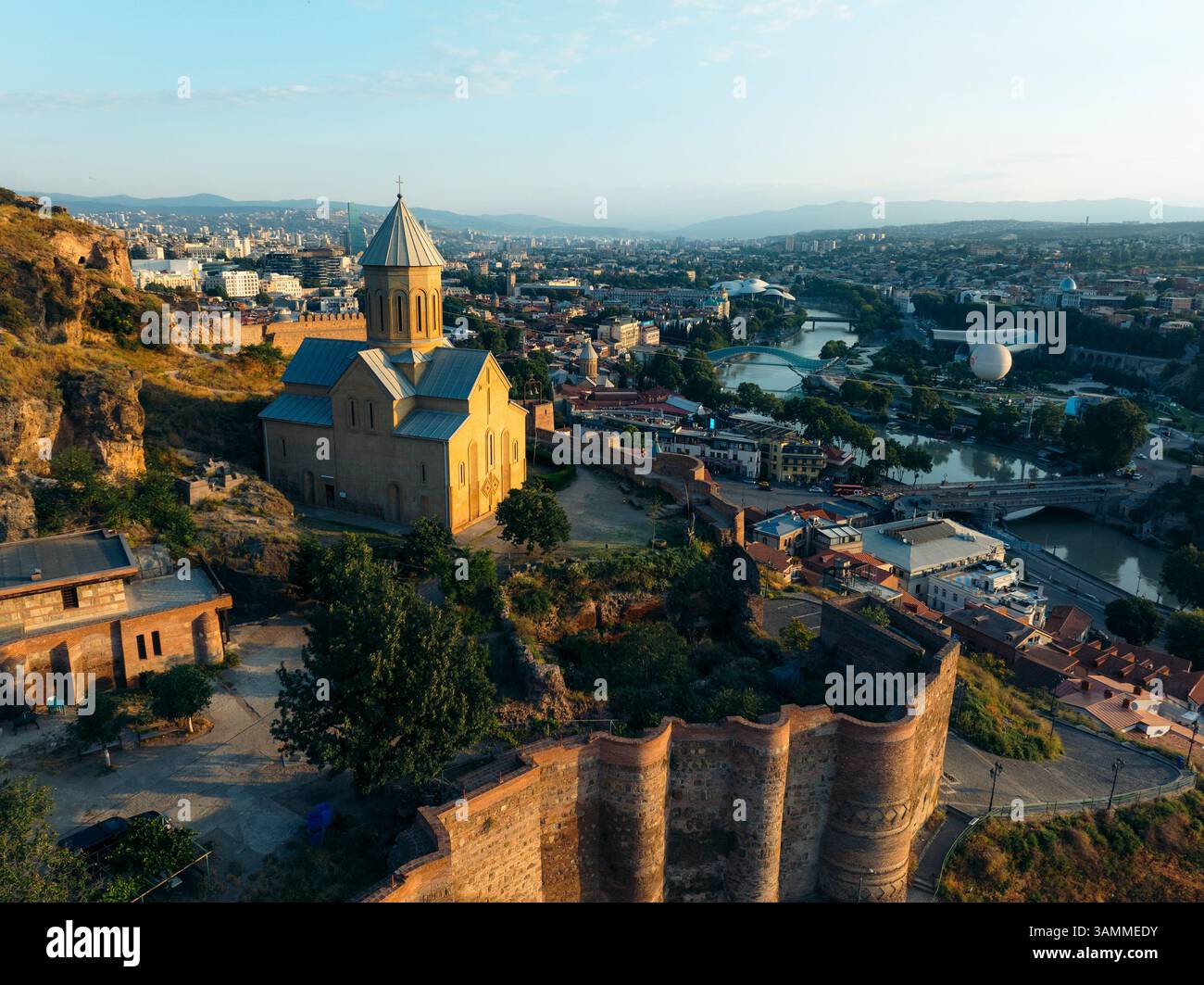 Aerial view of historic Abanotubani with beautiful medieval church and ...