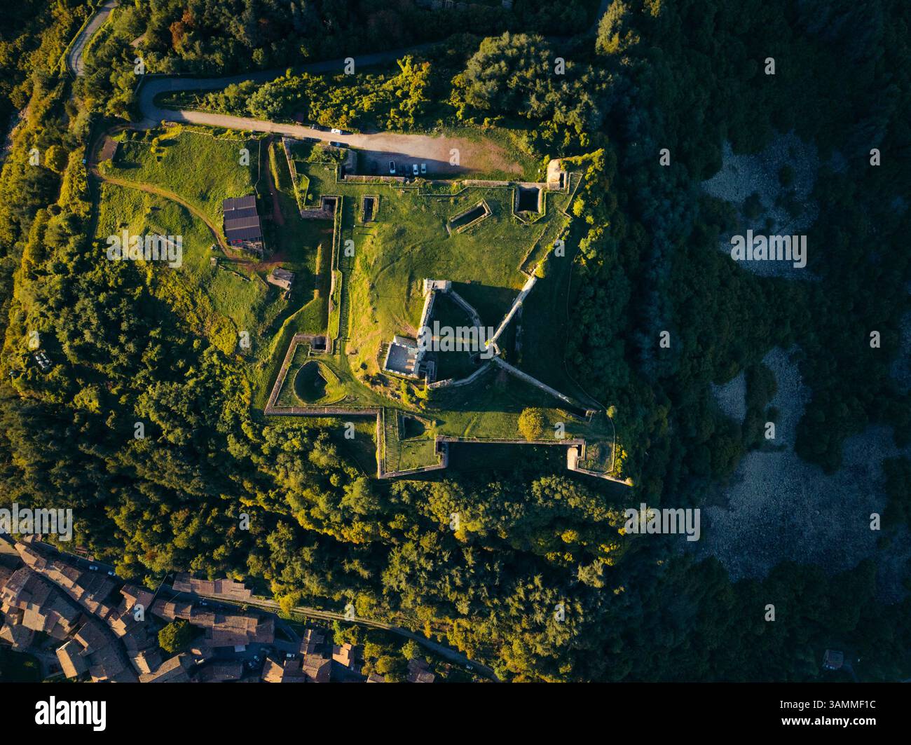 Aerial view of the historic fortress of Radicofani surrounded by lush ...