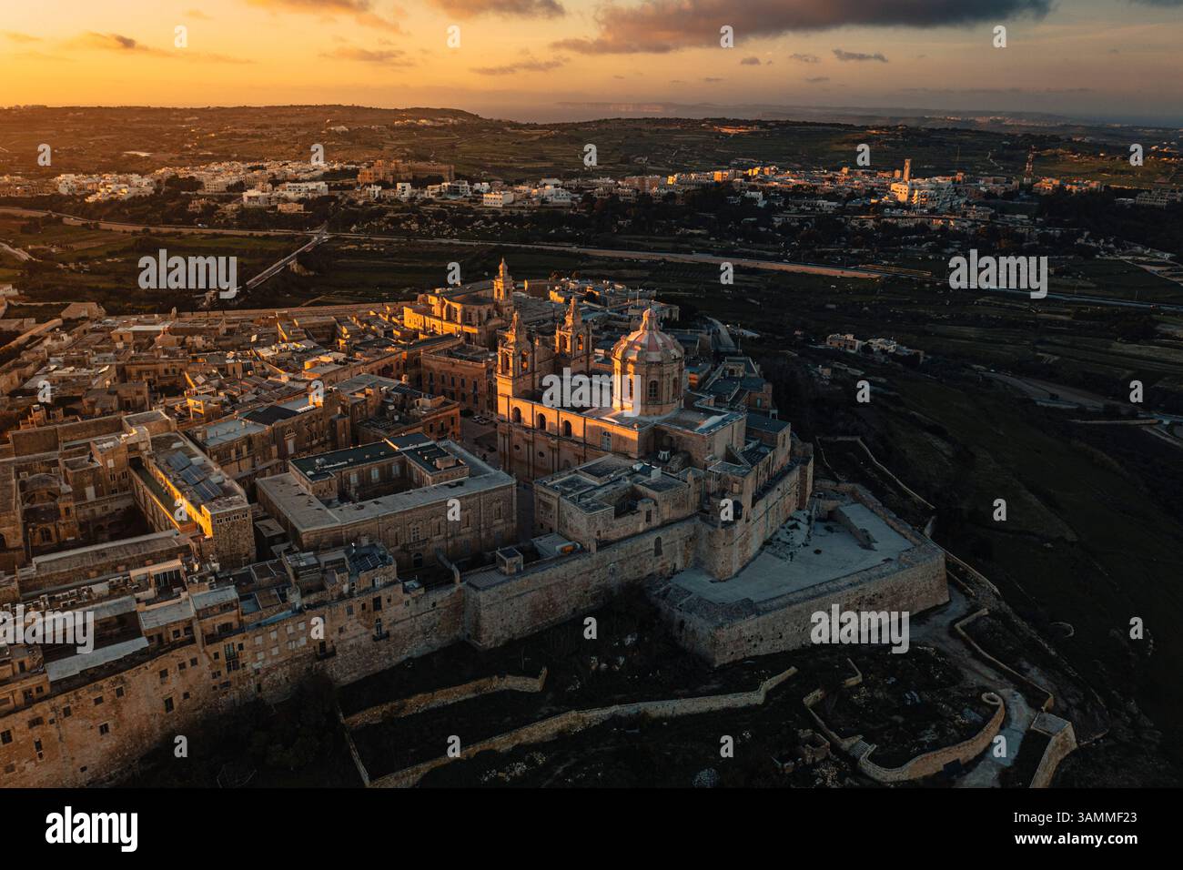 Aerial view of the historic Mdina Cathedral with medieval architecture ...