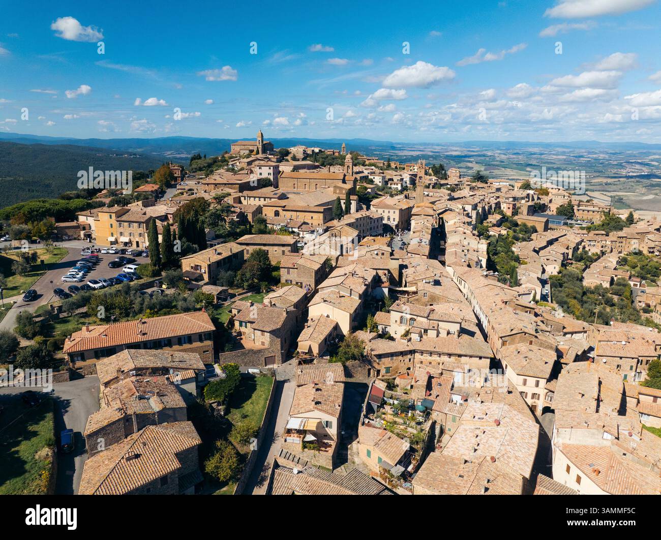 Aerial view of beautiful medieval town with stone rooftops and scenic ...