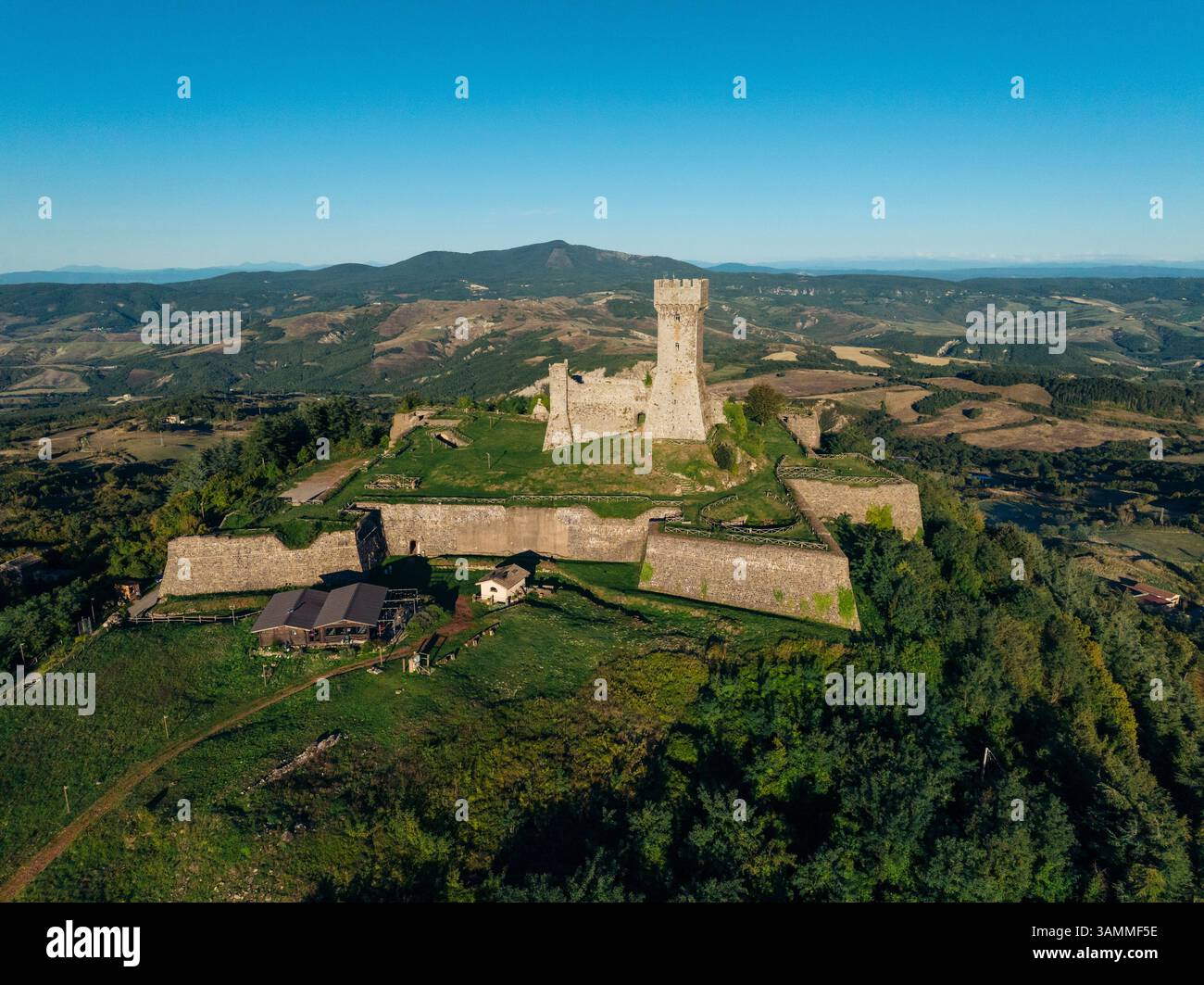 Aerial view of the historic fortress of Radicofani surrounded by ...