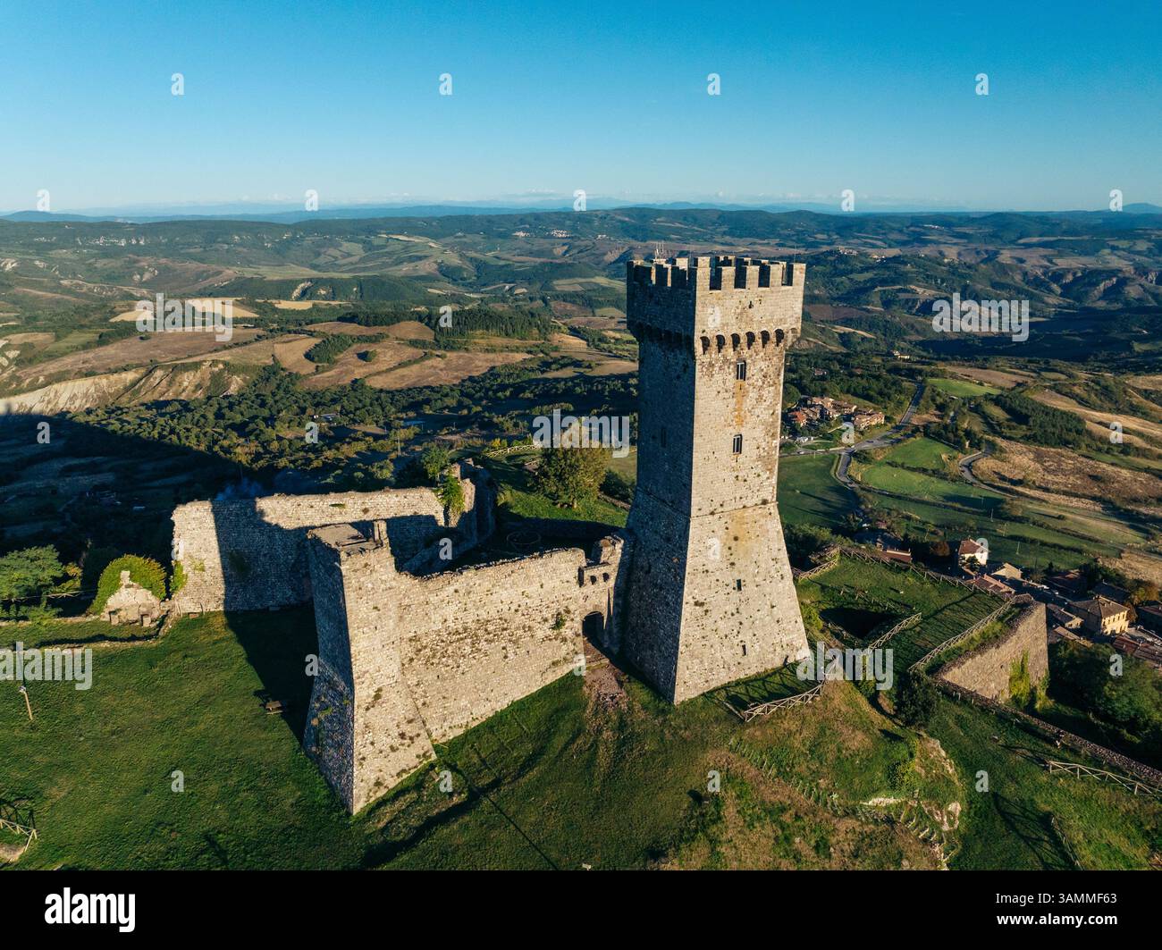 Aerial view of the historic fortress of Radicofani surrounded by ...