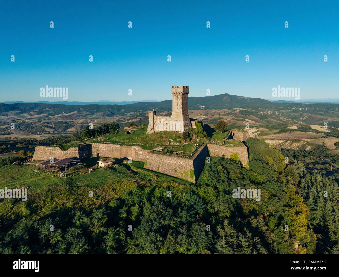 Aerial view of the historic fortress of Radicofani surrounded by scenic ...