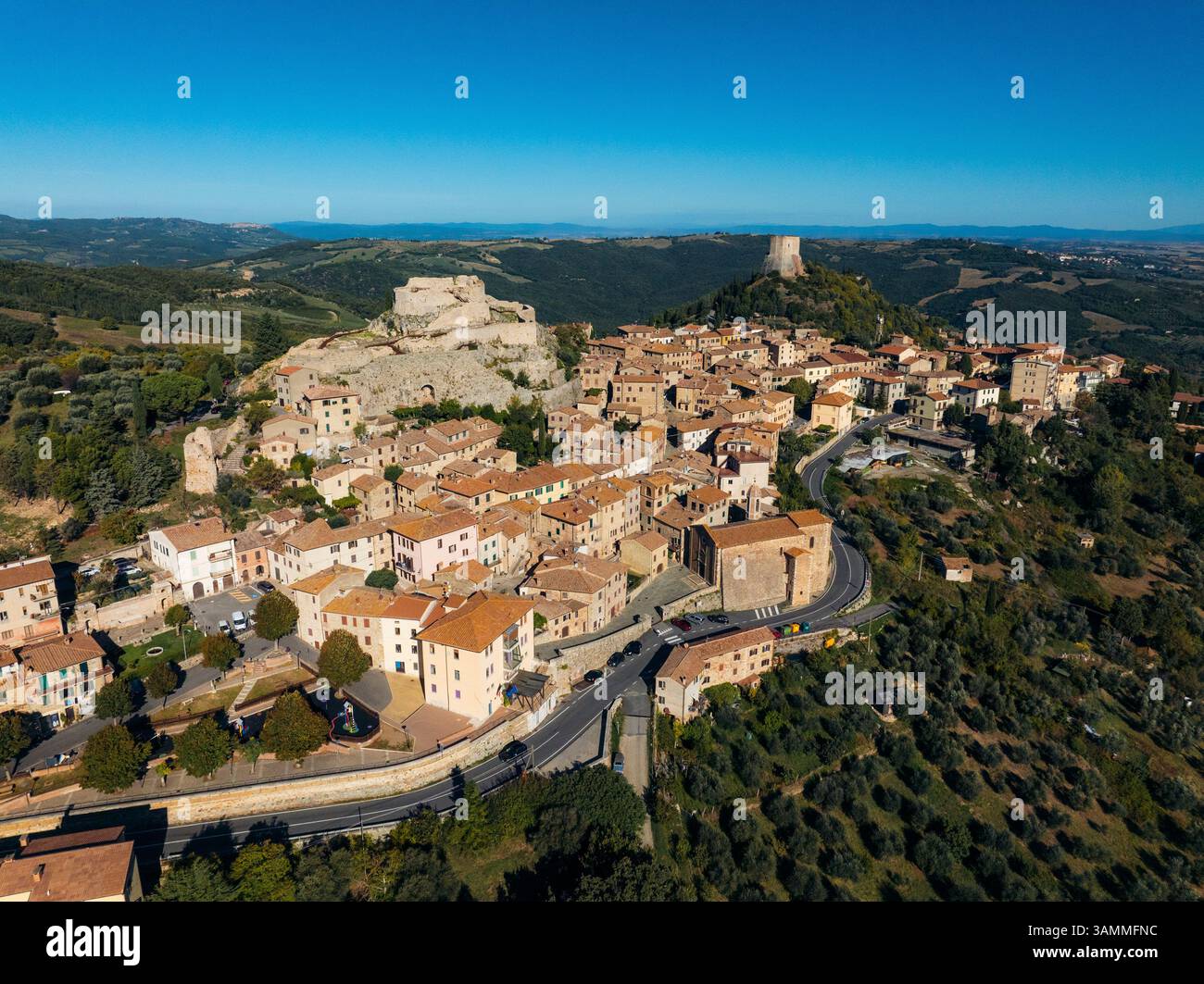 Aerial view of picturesque medieval town with stone structures and ...