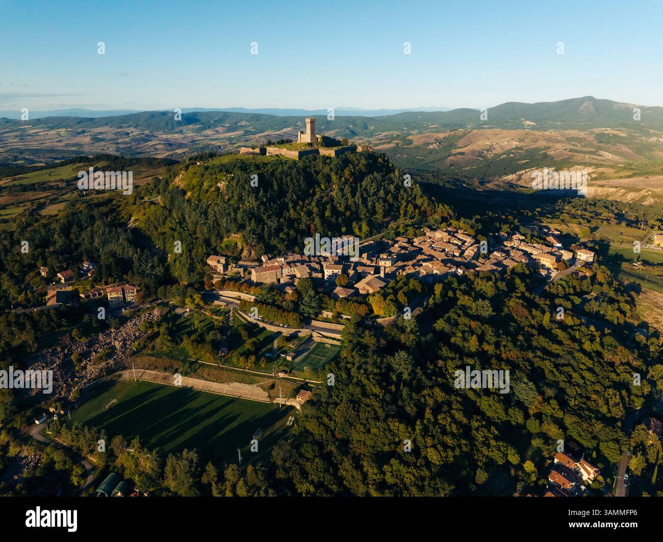 Aerial view of the historic fortress of Radicofani surrounded by ...