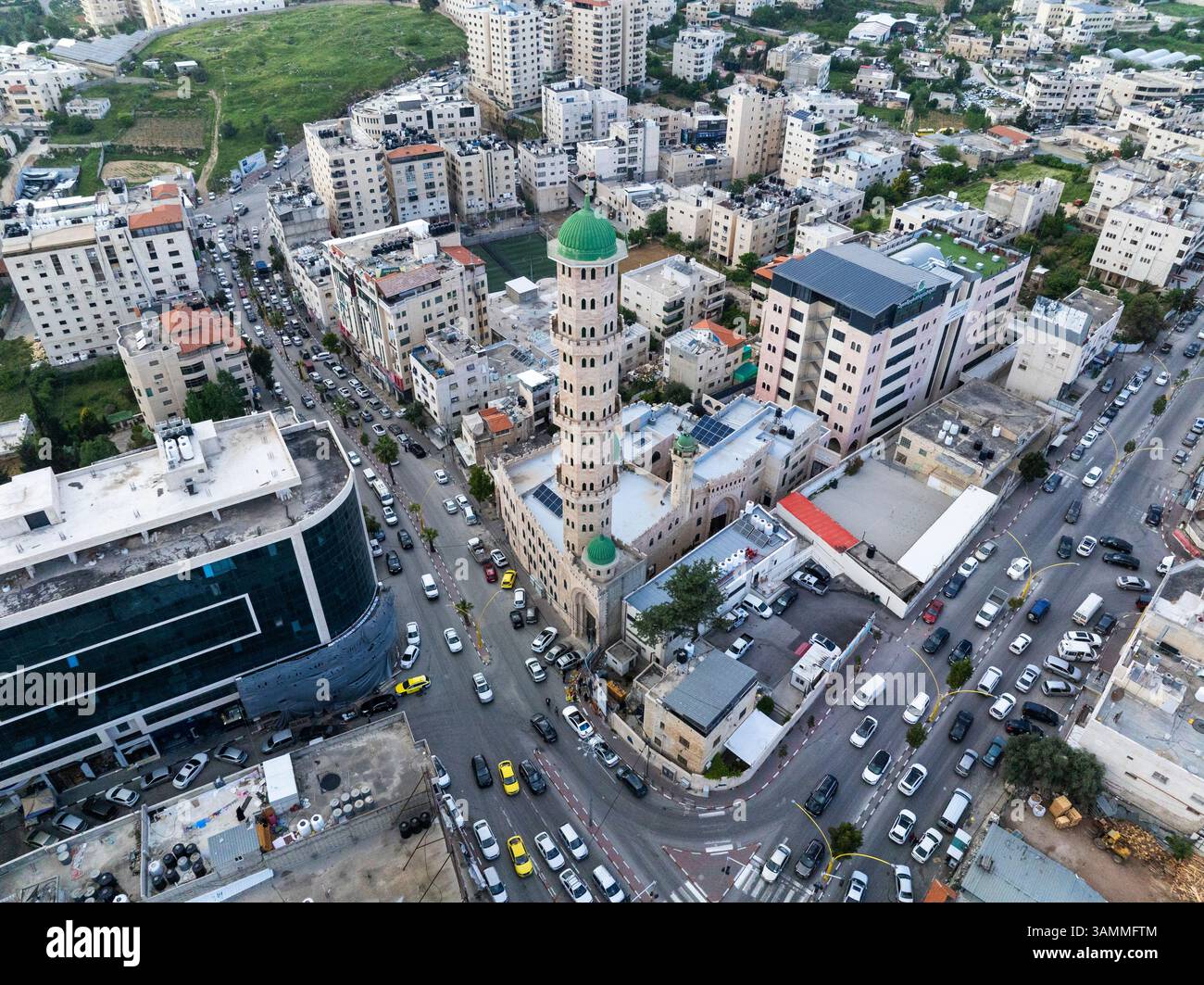 Aerial view of bustling urban cityscape with modern buildings and a ...