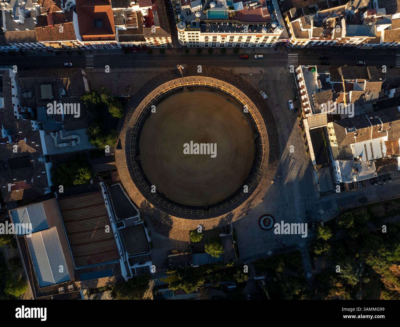 Aerial view of the historic bullring and traditional buildings in the ...