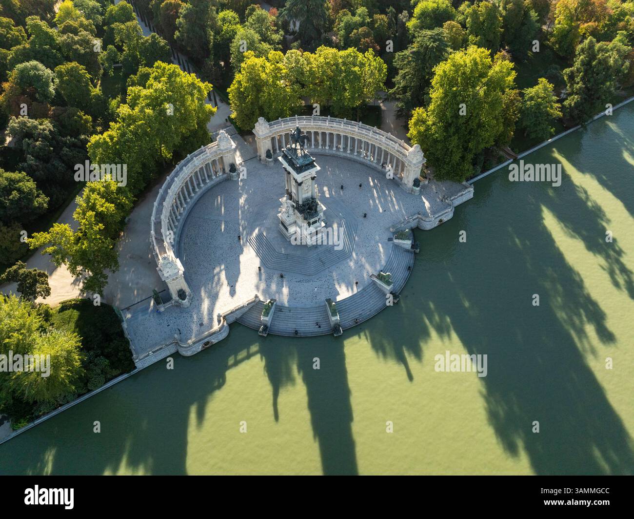 Aerial view of Retiro Park with beautiful greenery, serene water ...