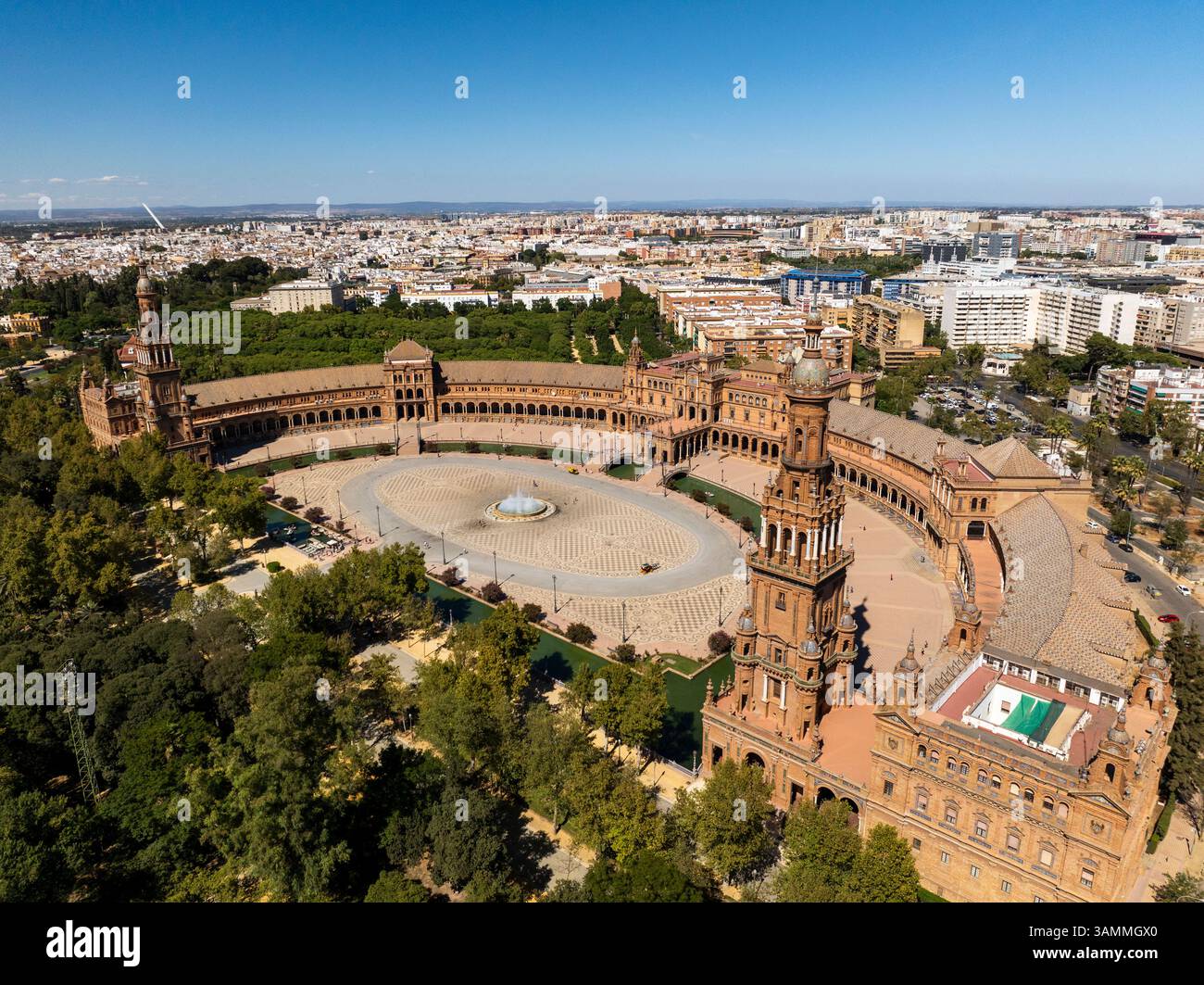 Aerial view of the beautiful Plaza de Espana with vibrant greenery and ...