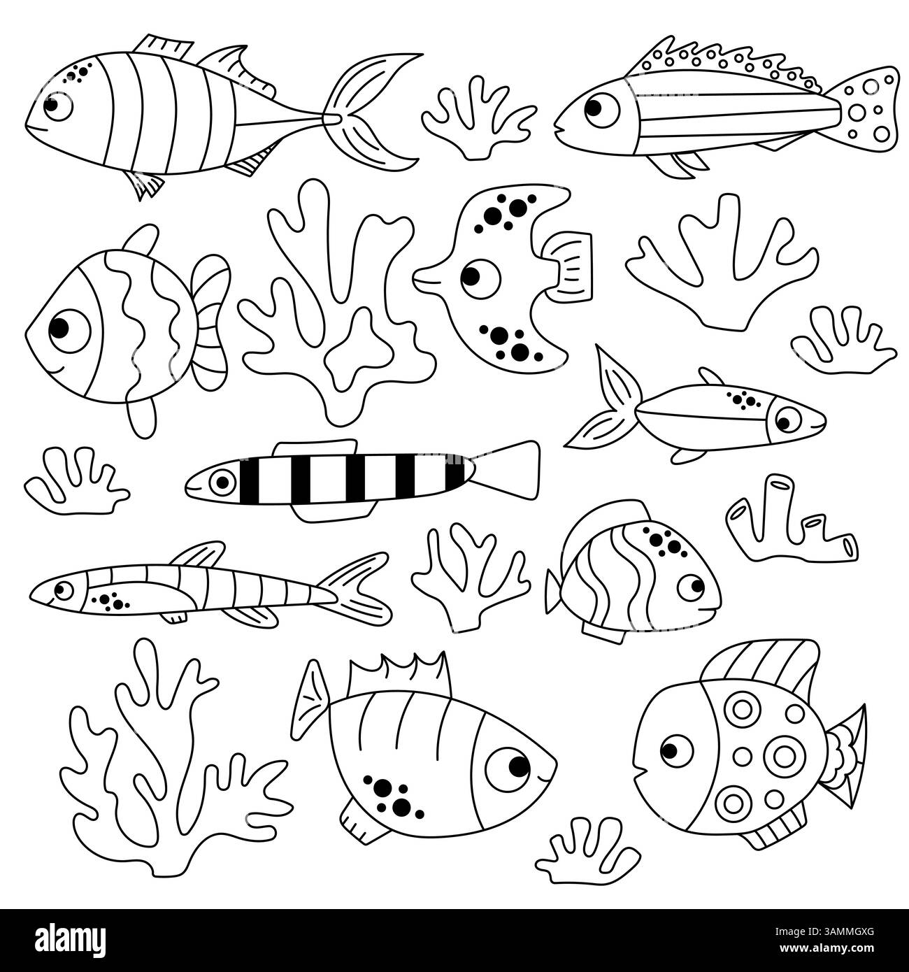 Cartoon fish doodle set. Beautiful fish set for stationery, coloring ...