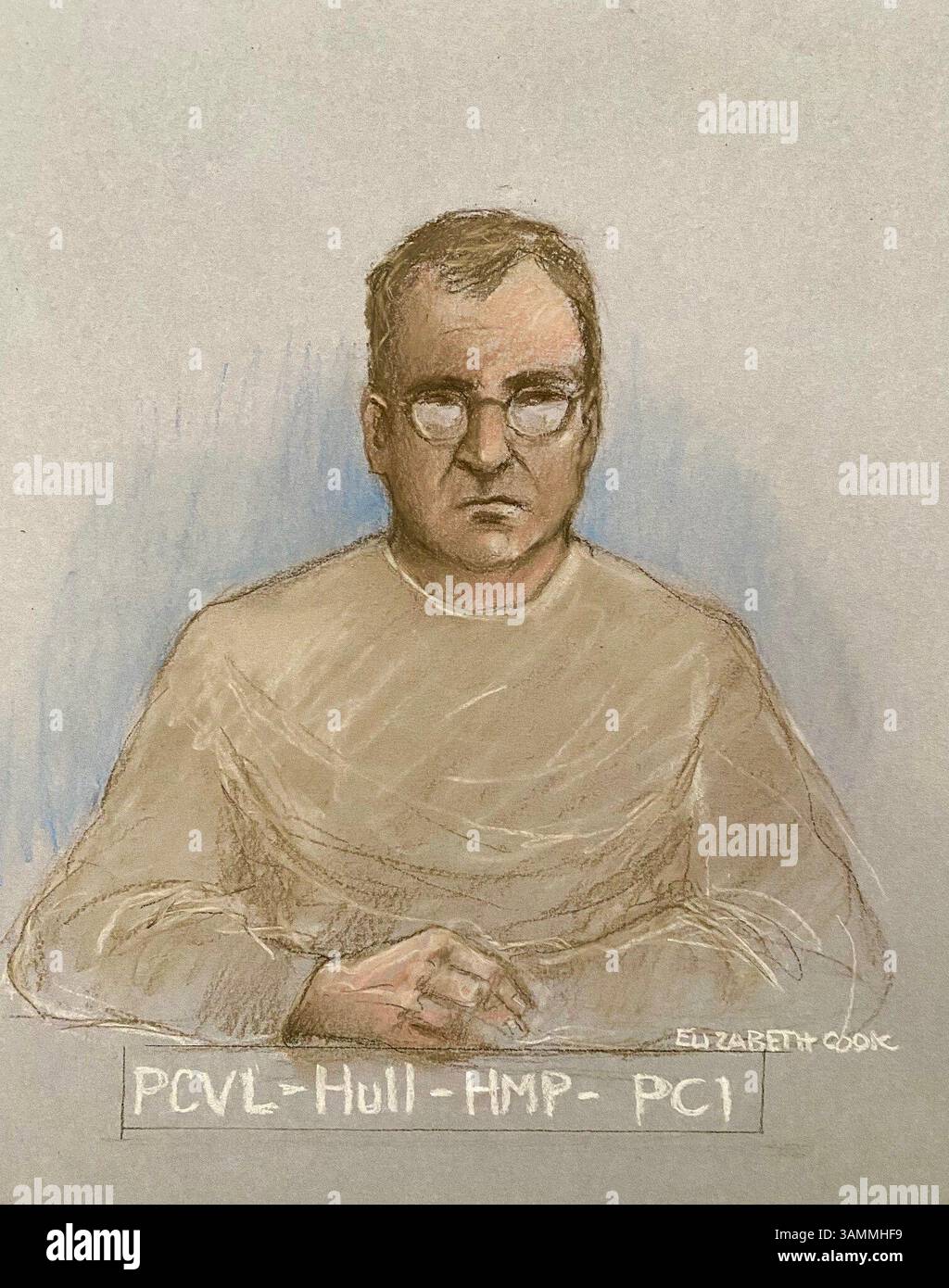 Court artist sketch by Elizabeth Cook of Russian container ship captain ...