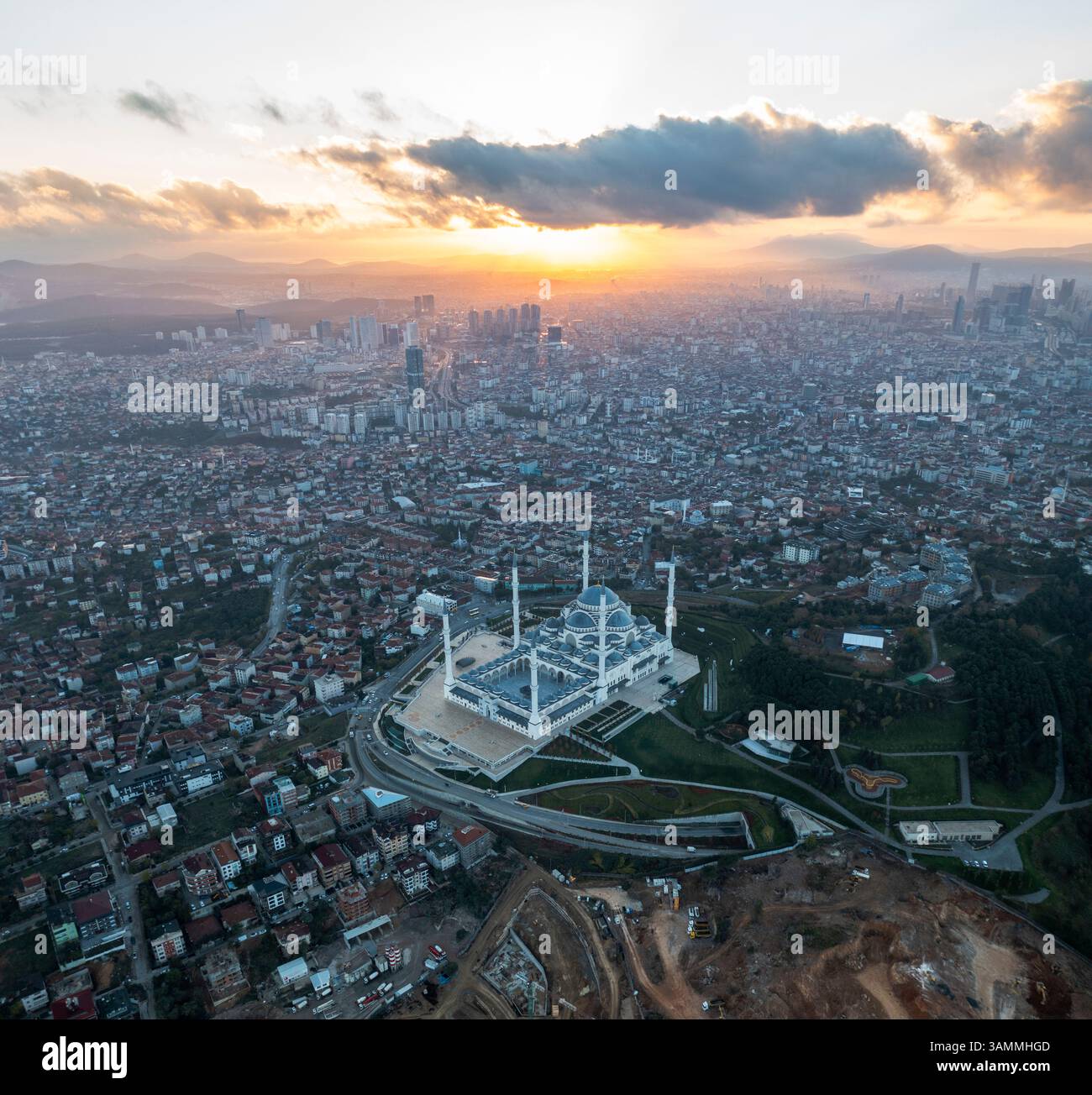 Aerial view of a breathtaking cityscape with historic mosques and ...