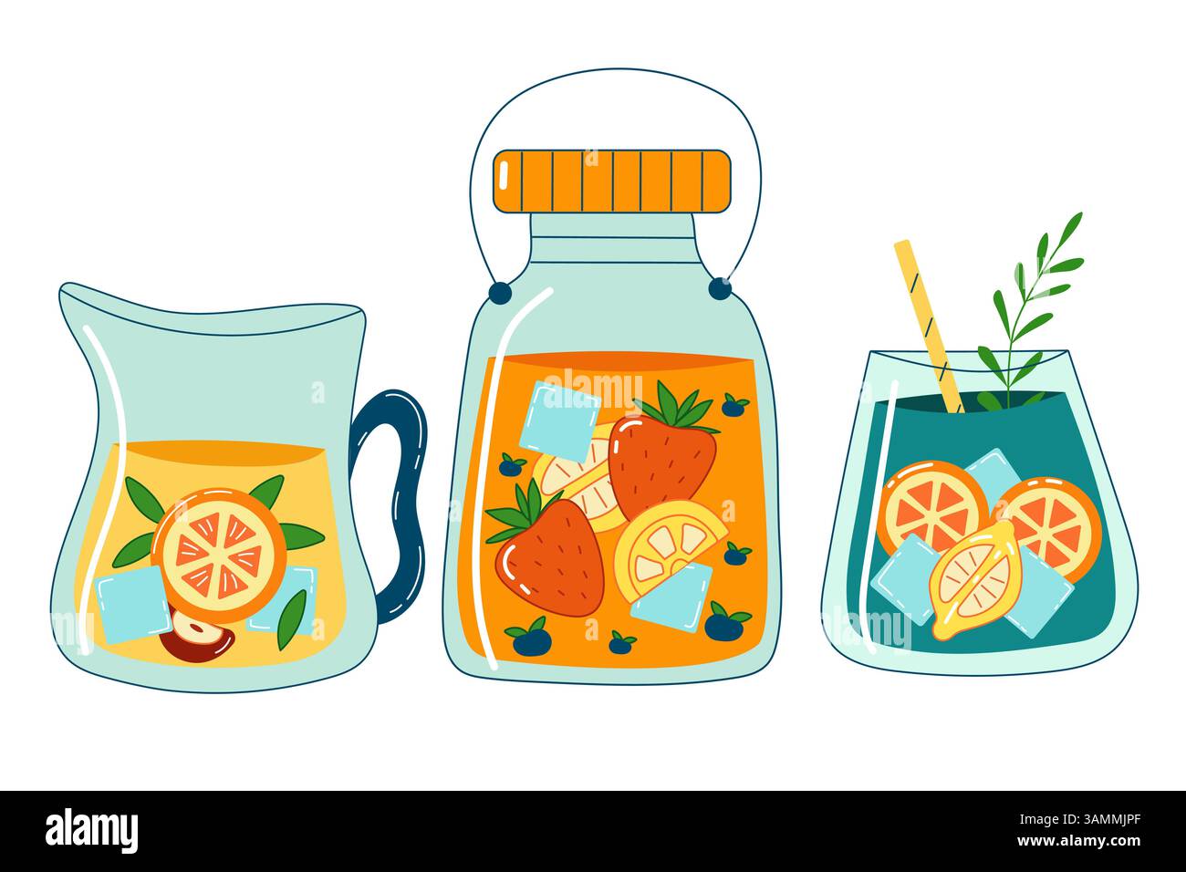 Lemonade jar set with fruits inside on white background Stock Vector ...