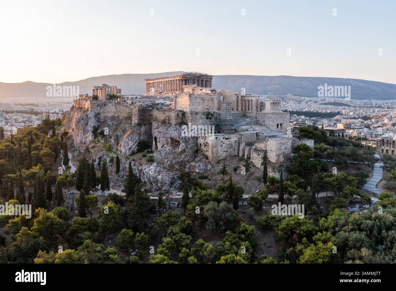 Aerial view of the ancient acropolis with historic ruins and beautiful ...