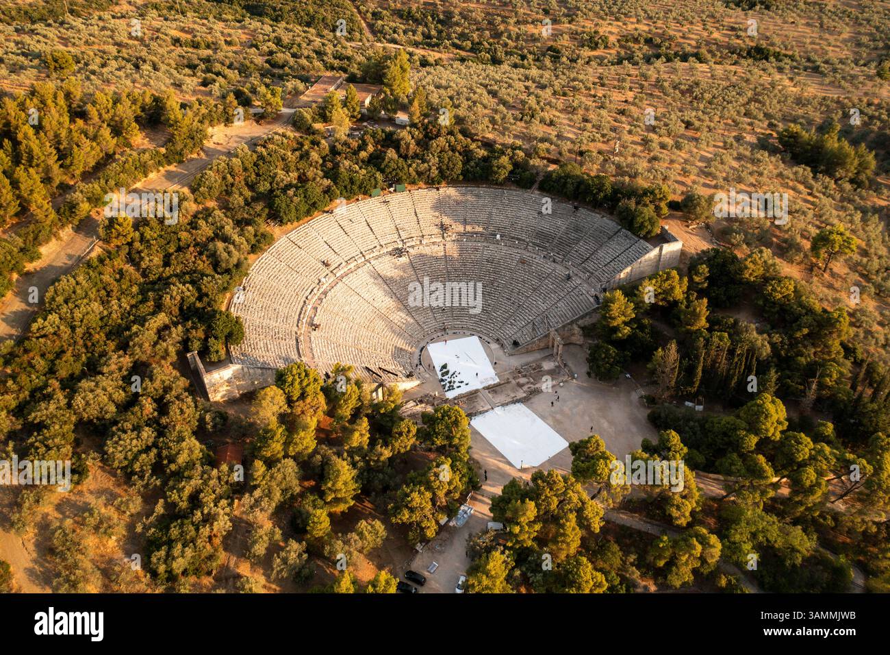 Aerial view of the ancient amphitheater surrounded by trees and scenic ...