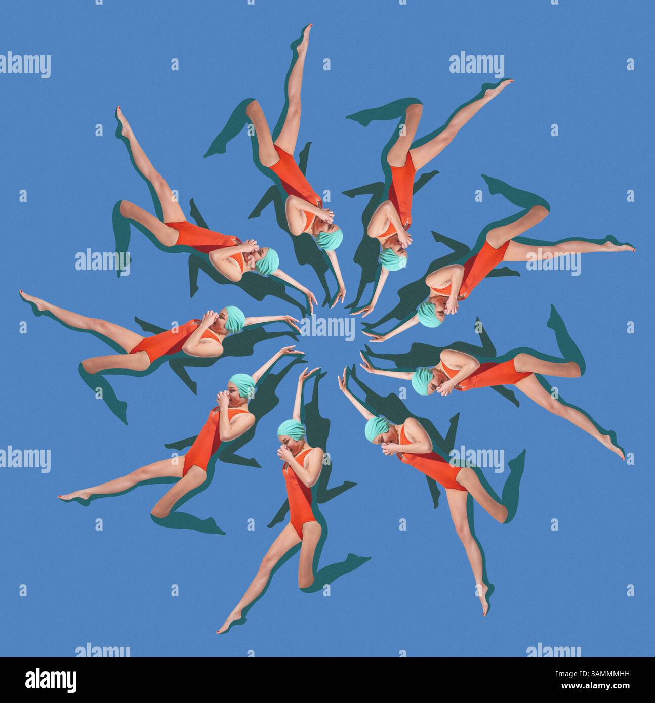 Contemporary art collage. Illusion effect of rotating swimmers in red ...