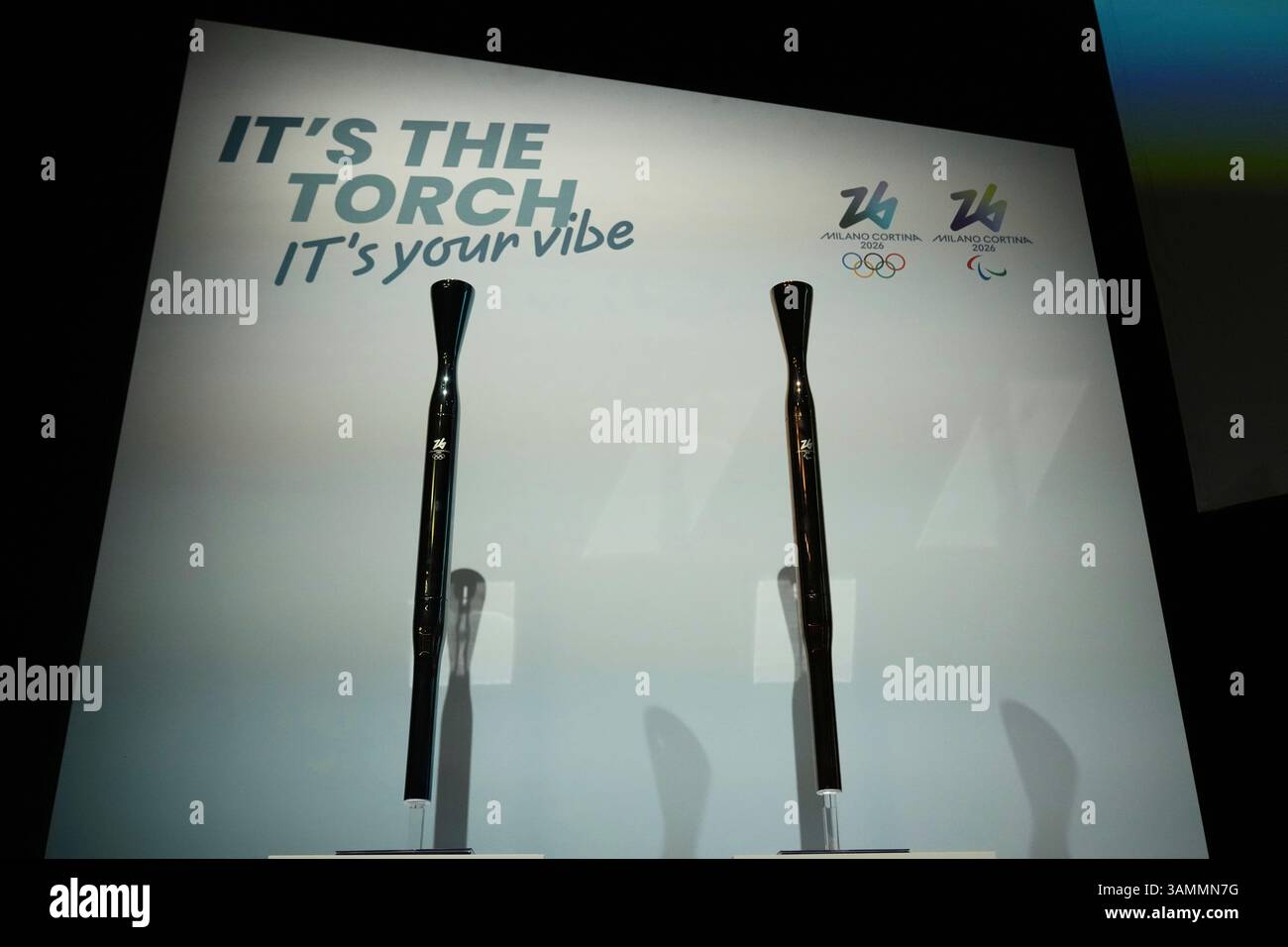 Milano Cortina 2026 Winter Olympics and Paralympics torches are displayed during the unveiling ...