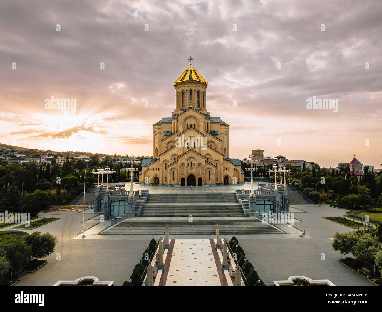 Aerial view of holy trinity cathedral at sunset with beautiful skyline ...