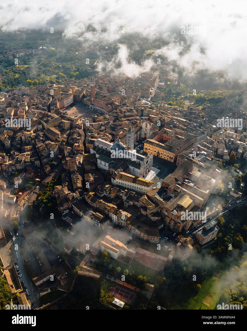Aerial view of the beautiful Duomo di Siena amidst charming rooftops ...