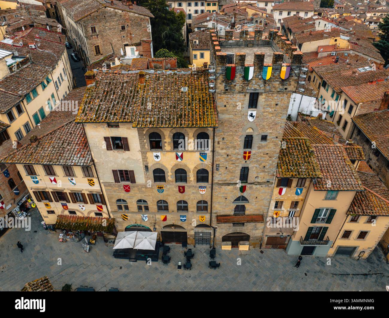 Aerial view of historic buildings and town square with beautiful ...