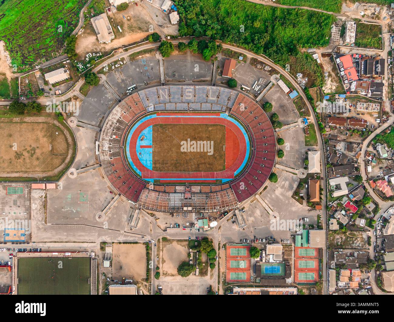 Aerial view of national stadium with football field and seating ...
