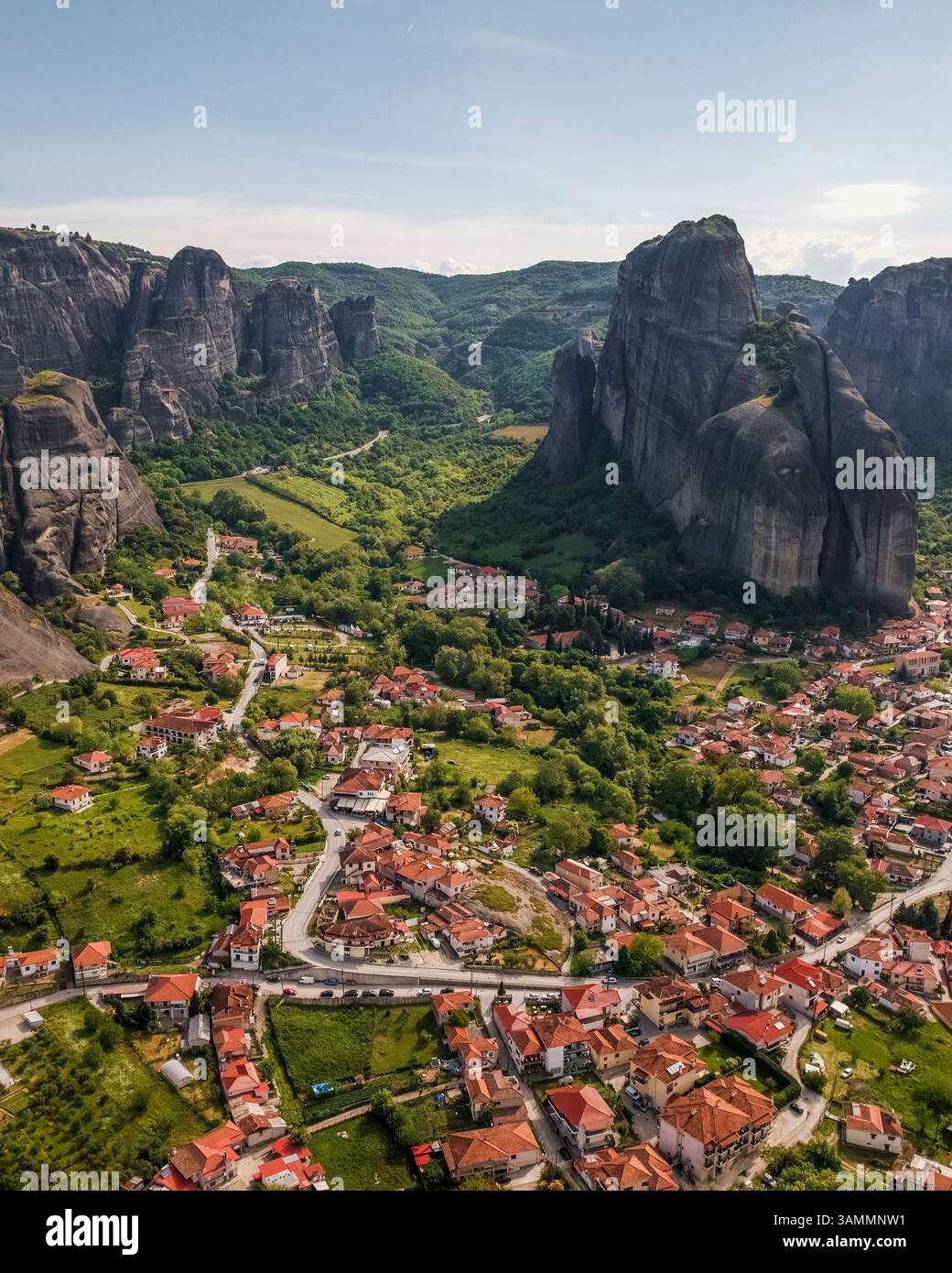 Aerial view of Kalabaka town in Meteora among the natural rock pillar ...