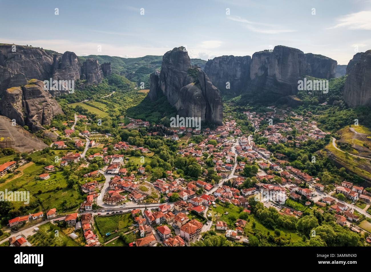 Aerial view of Kalabaka town in Meteora among the natural rock pillar ...