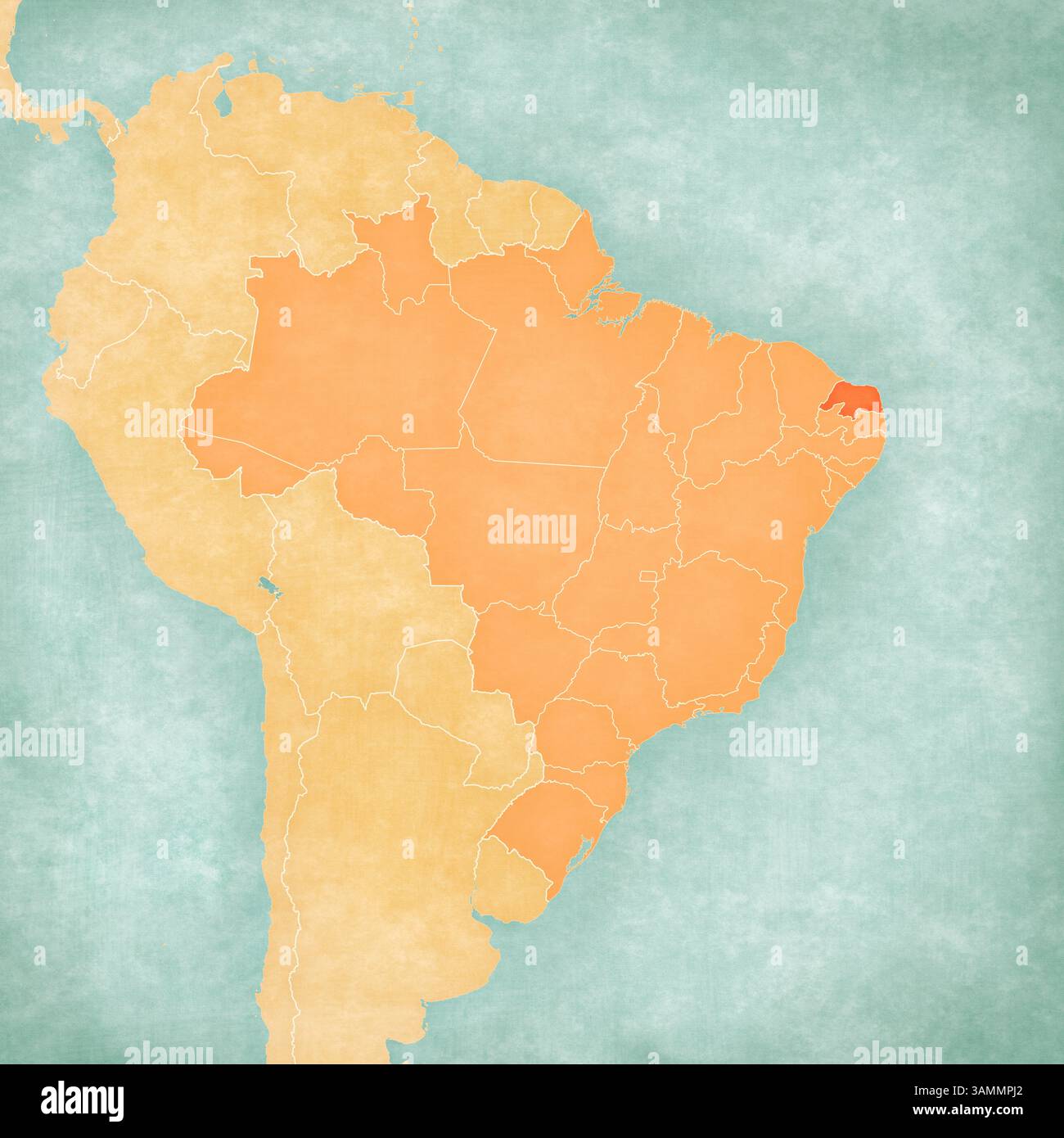 Rio Grande do Norte on the map of Brazil in soft grunge and vintage ...