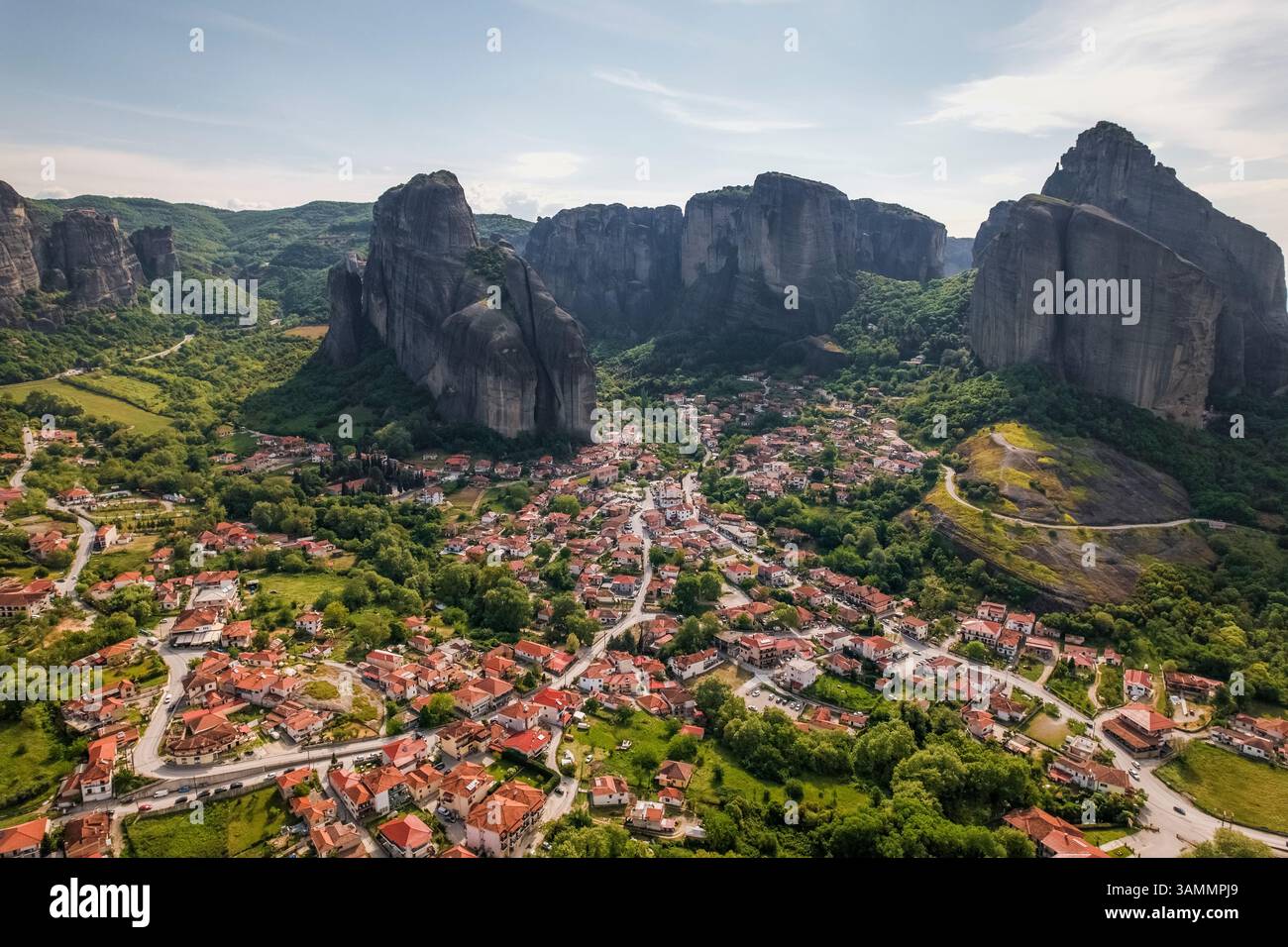 Aerial view of Kalabaka town in Meteora among the natural rock pillar ...