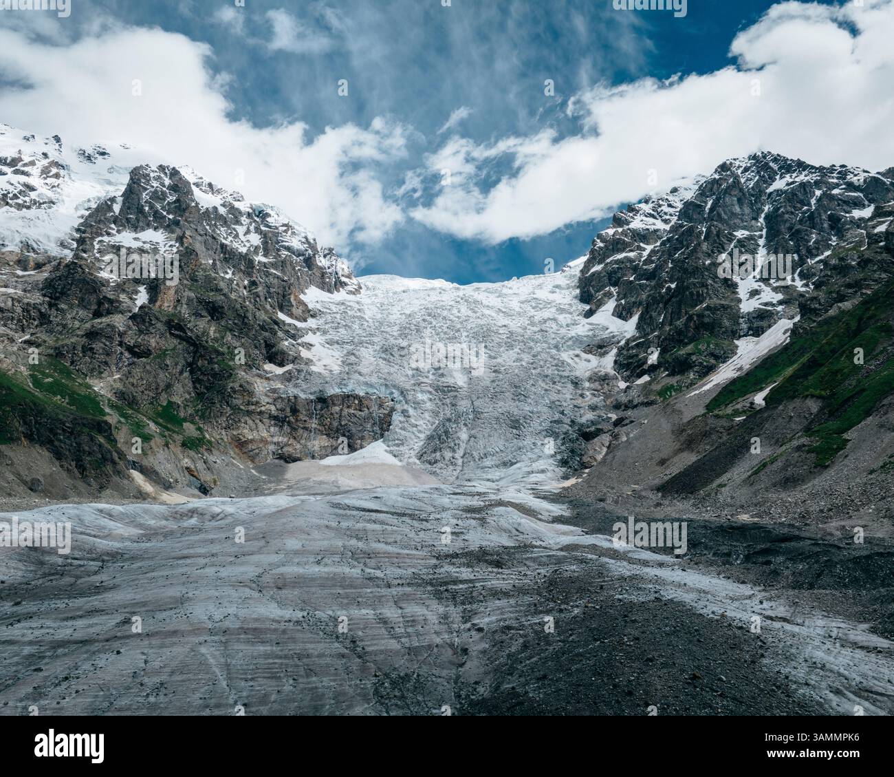 Aerial view of majestic Adishi Glacier surrounded by snow-covered ...