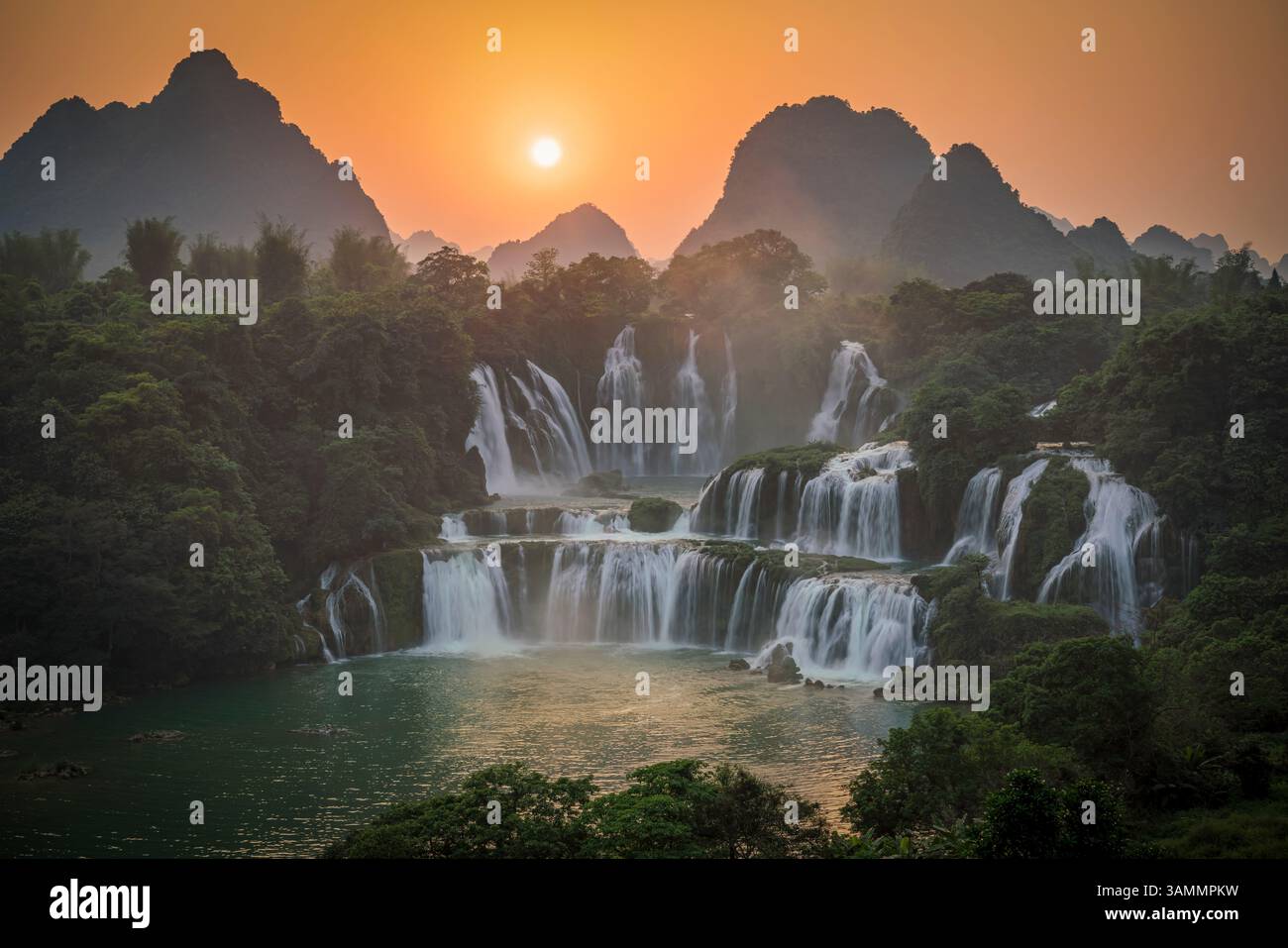 Aerial view of Ban Gioc Detian Falls along the Quay Son River on the ...
