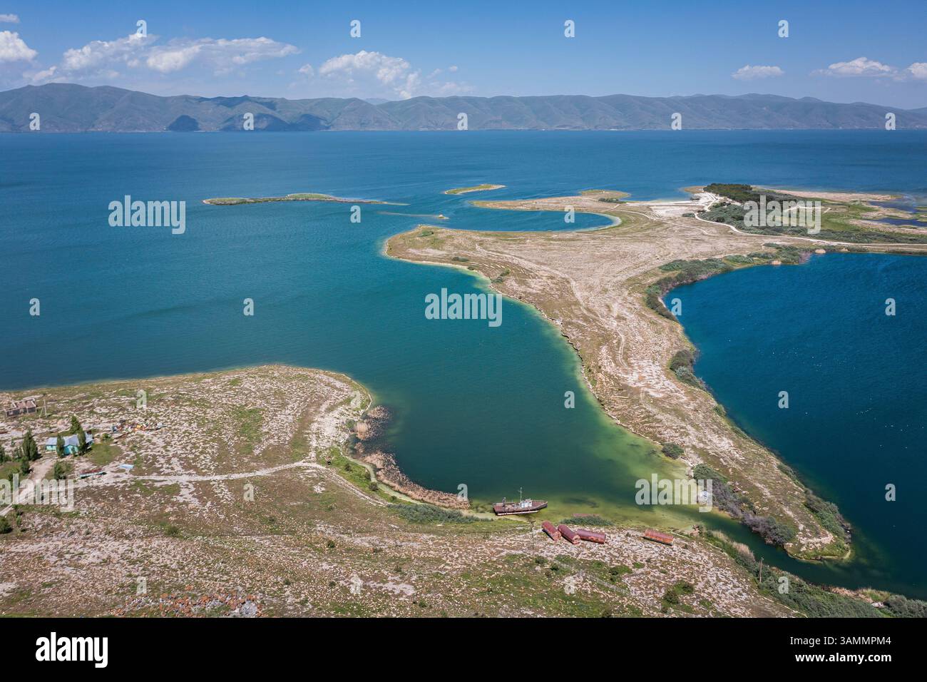 Aerial view of Lake Sevan, an high altitude lake in Norashen, Gegharkunik Province, Armenia ...