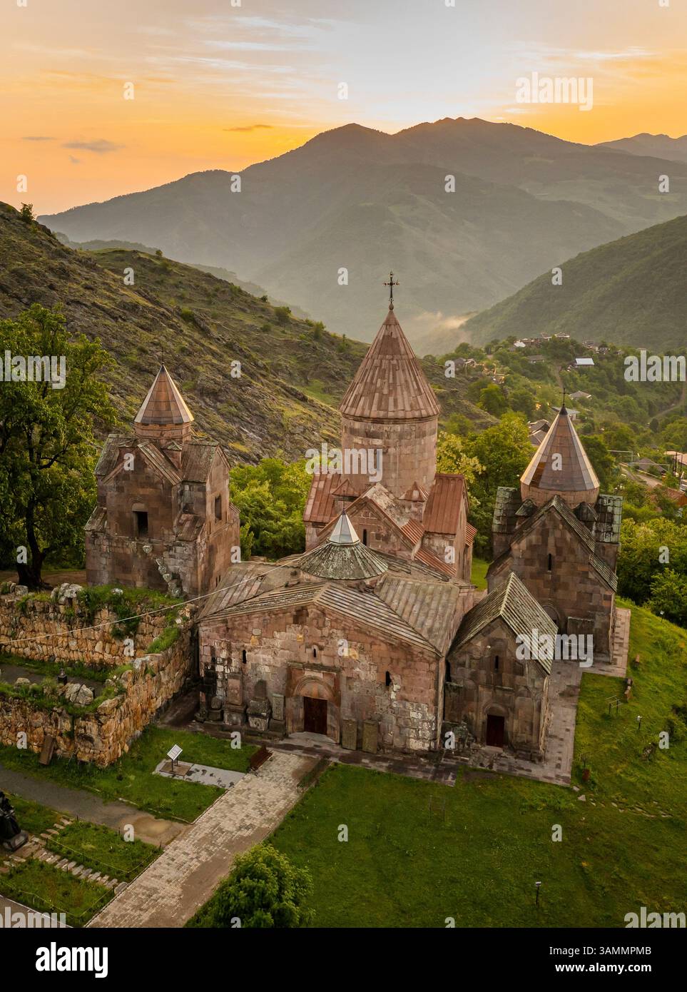 Aerial view of Goshavank Monastery, a village monastery with memorial ...