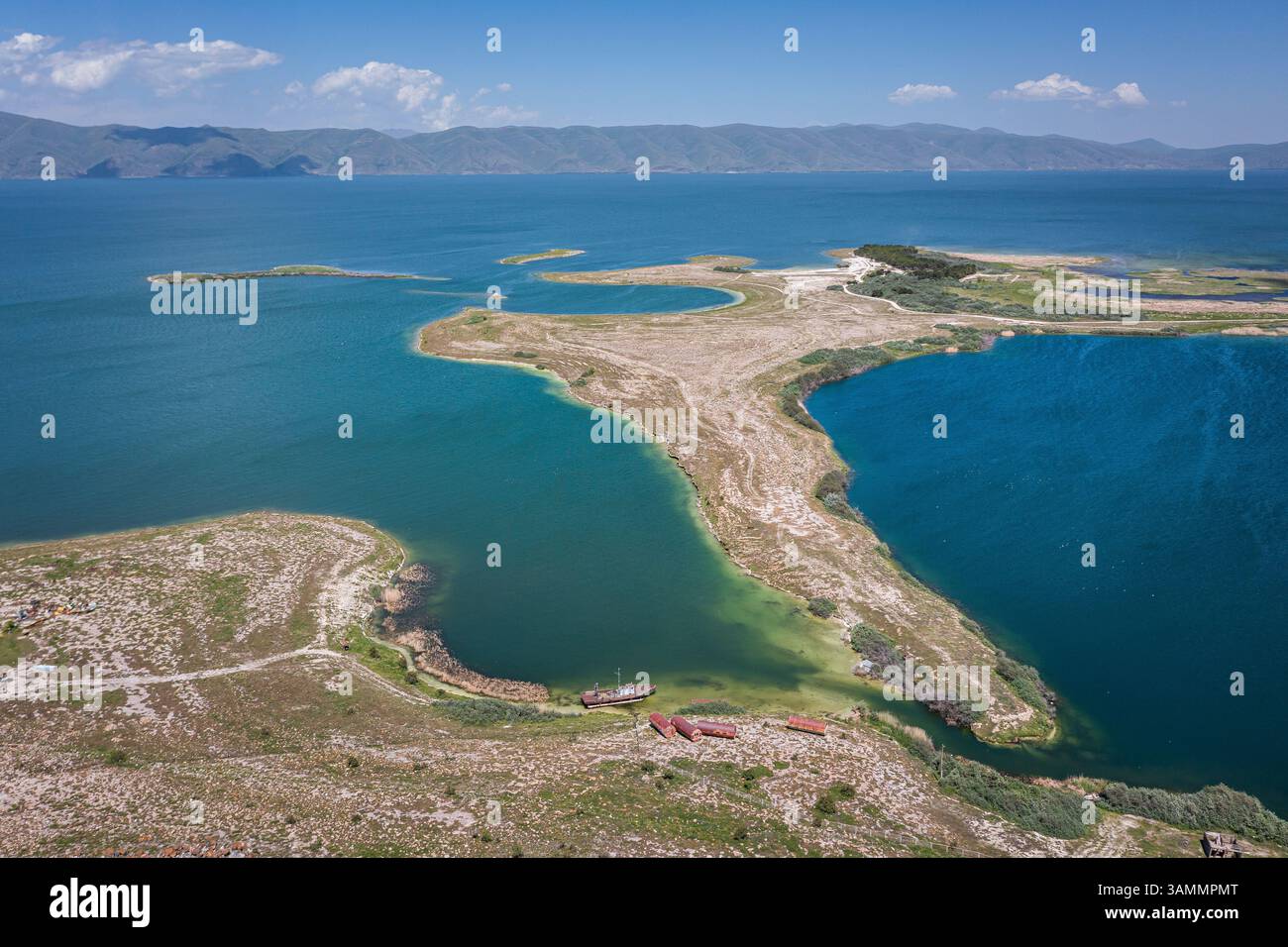 Aerial view of Lake Sevan, an high altitude lake in Norashen, Gegharkunik Province, Armenia ...